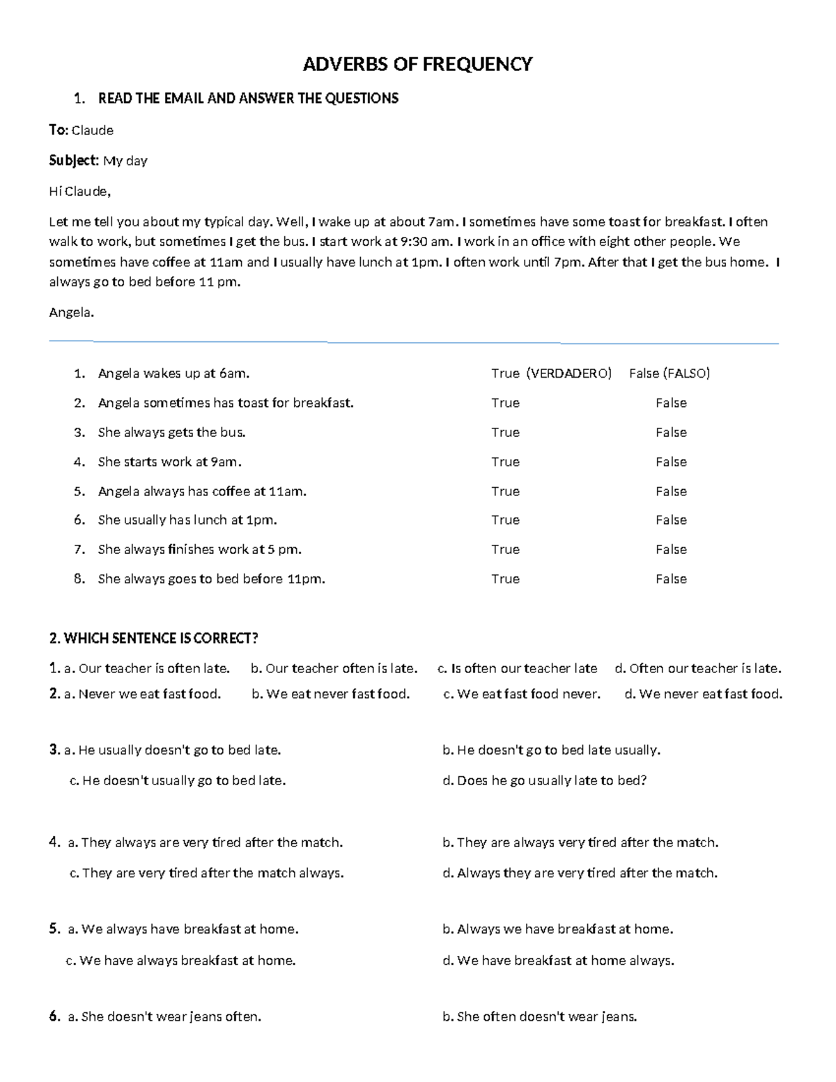 Adverbs of frequency - Inglés - ADVERBS OF FREQUENCY 1. READ THE EMAIL ...