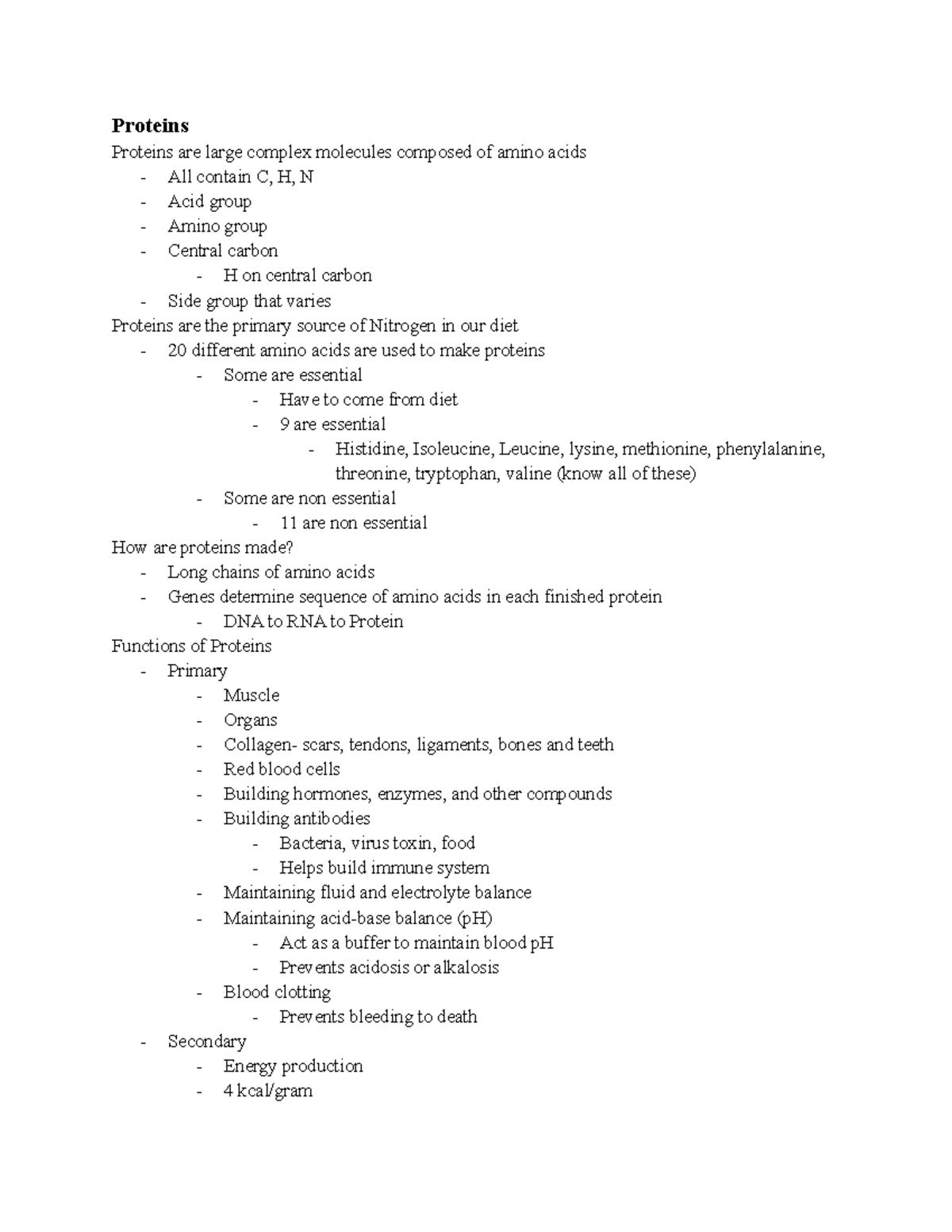 Proteins lecture Notes - Proteins Proteins are large complex molecules ...