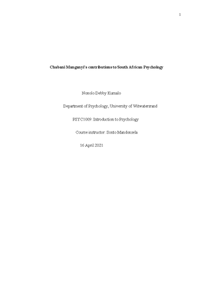 Chabani Manganyi Essay (Psychology) - Chabani Manganyi and South ...