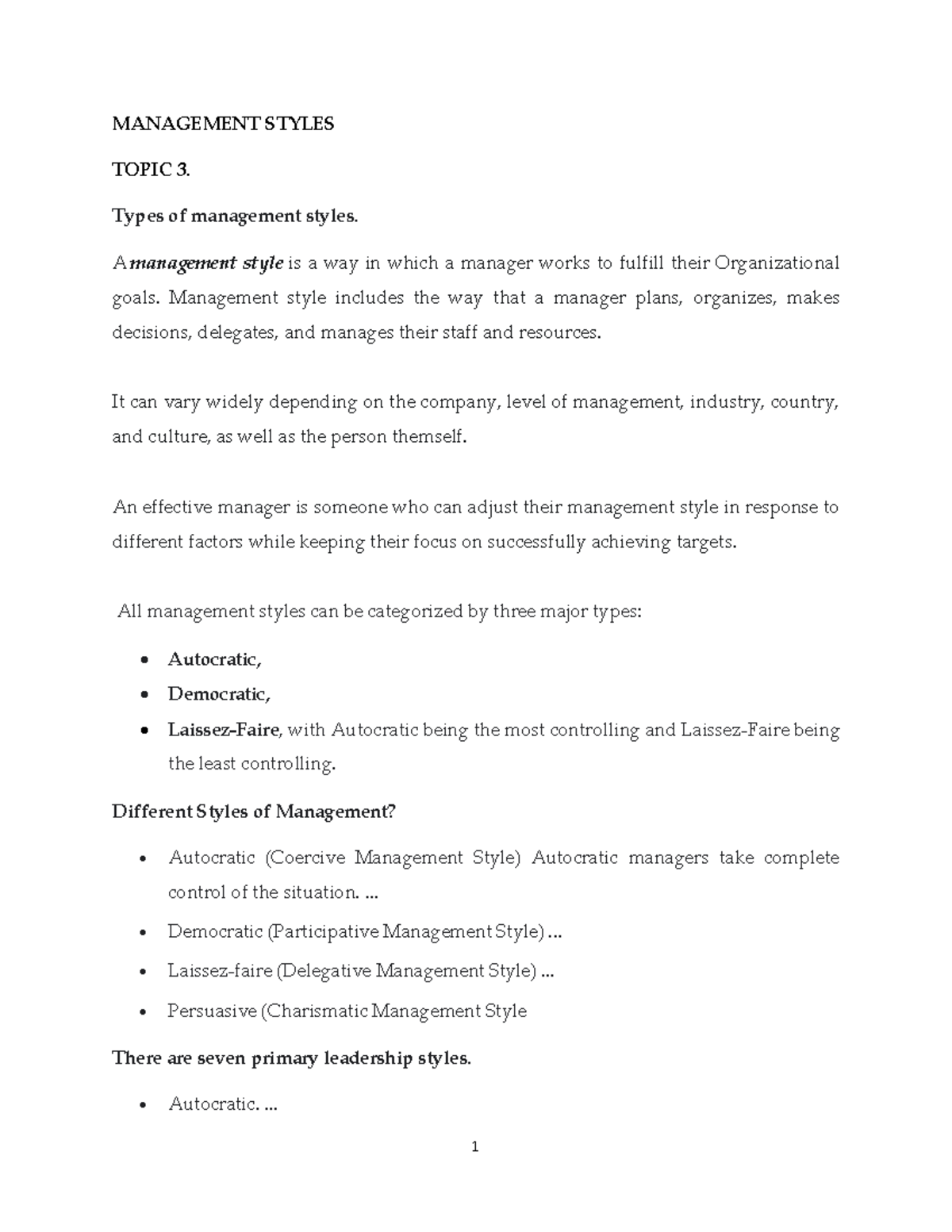 WEEK III Styles OF Management - MANAGEMENT STYLES TOPIC 3. Types of ...