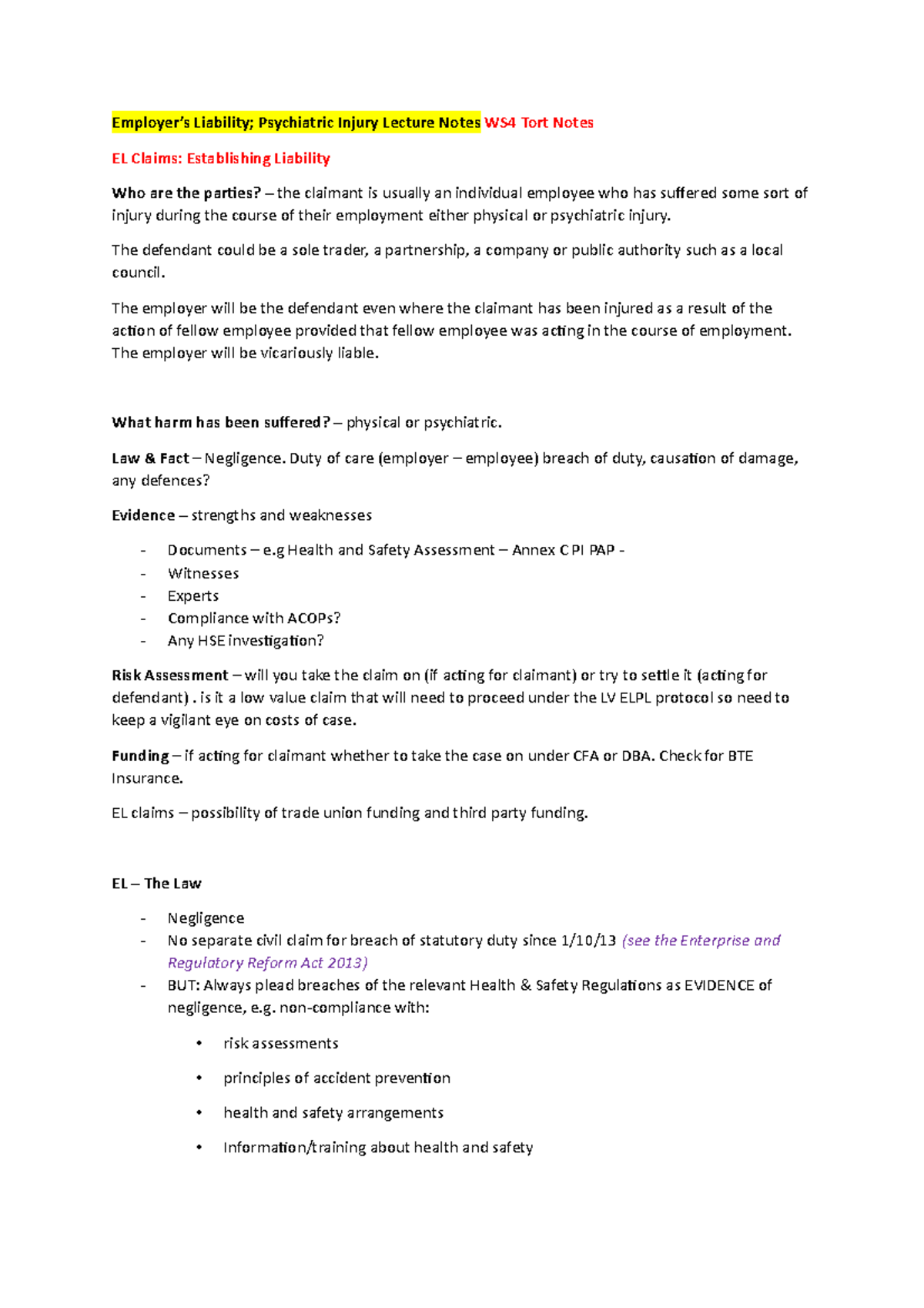 Lecure notes - Employer’s Liability; Psychiatric Injury Lecture Notes ...