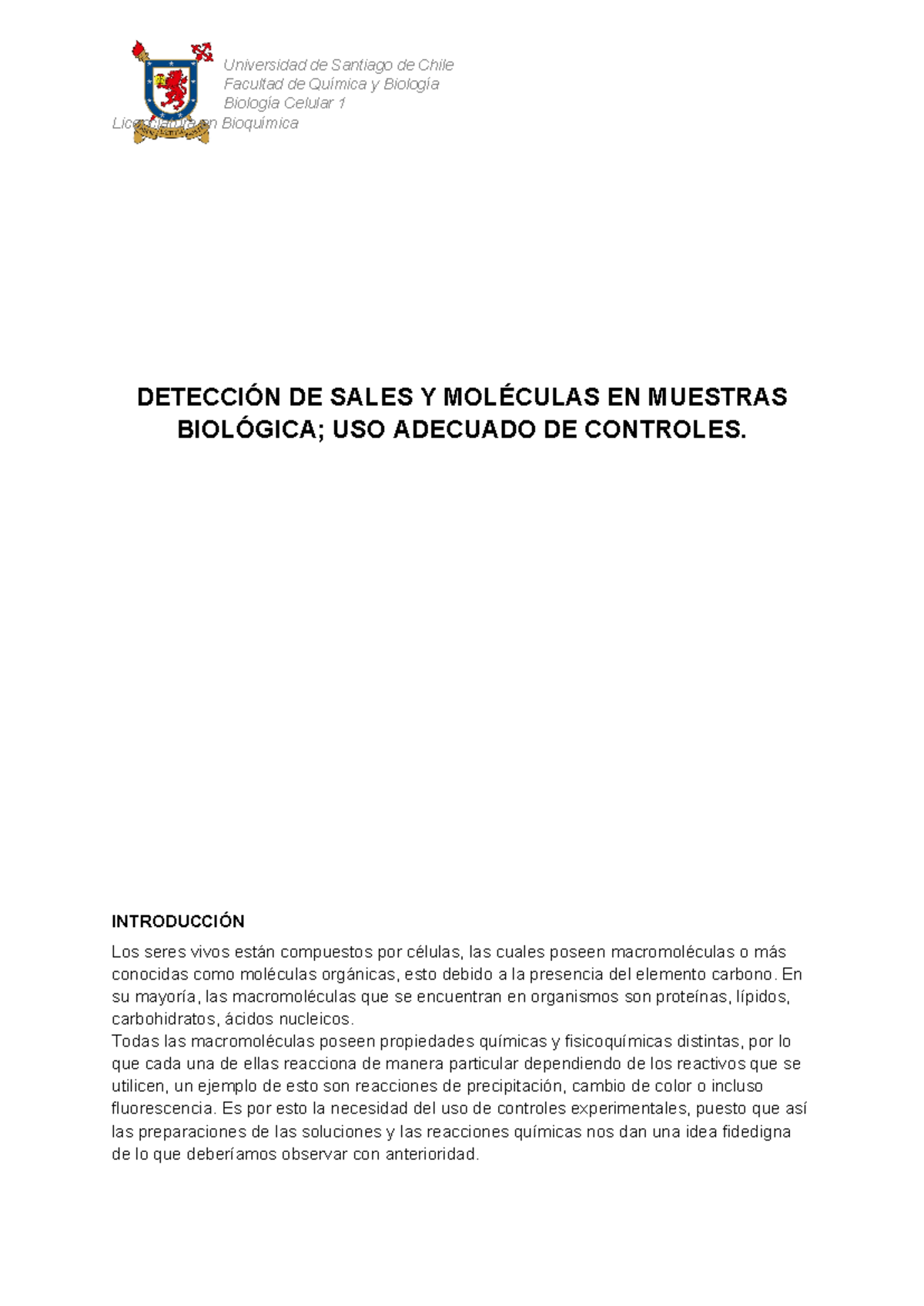Informe Lab 1 Biocel 1 - Facultad de Química y Biología Biología Celular 1 Licenciatura en - Studocu