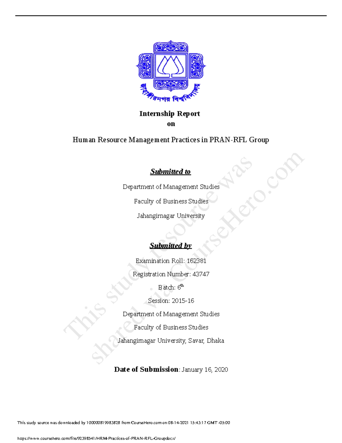 JU PRAN RFL 2 - Coursework - Internship Report on Human Resource ...
