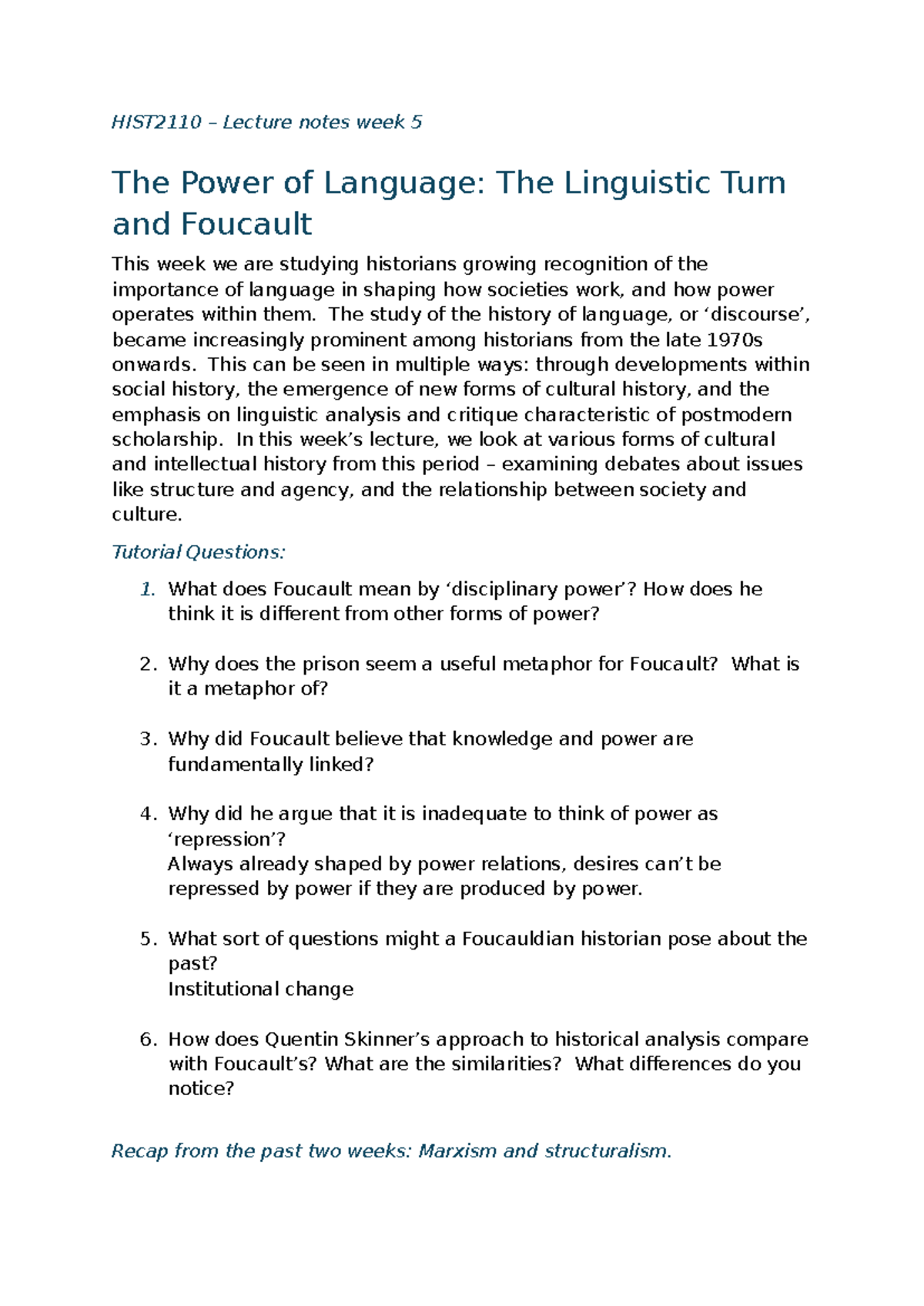 HIST2110 week 5 notes - HIST2110 – Lecture notes week 5 The Power of ...