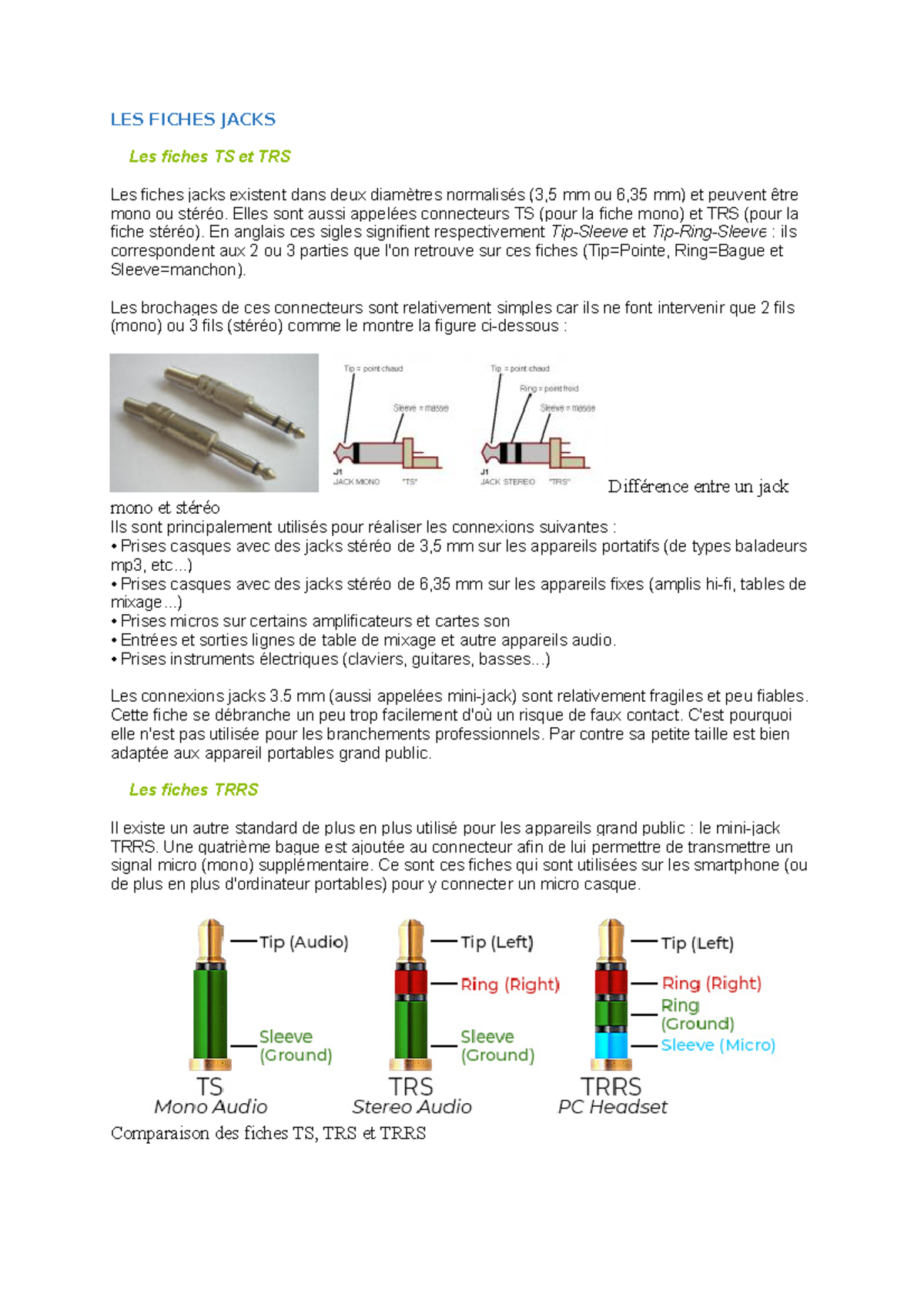 Cable - cablage son - LES FICHES JACKS Les fiches TS et TRS Les fiches ...
