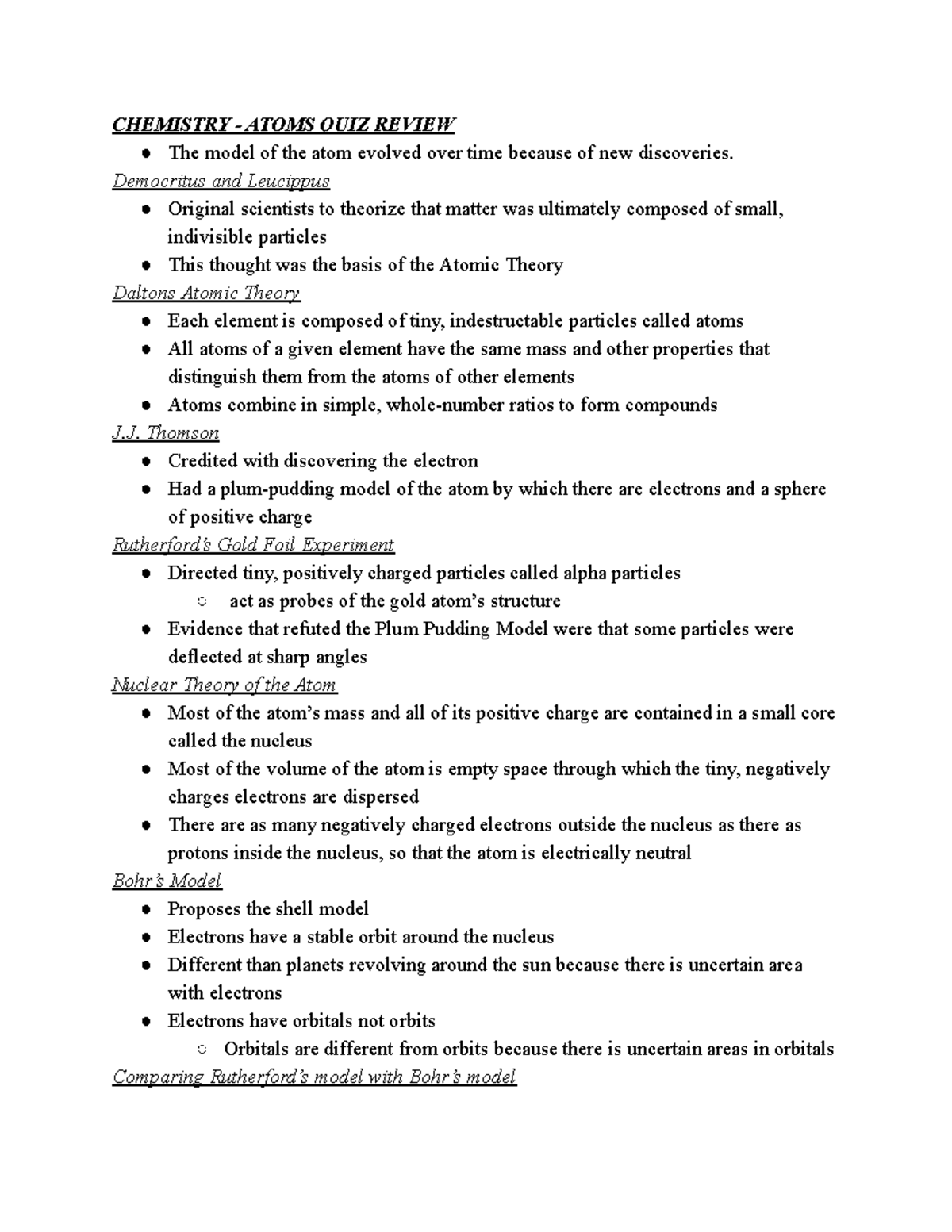 Chemistry- Atoms QUIZ Review - CHEMISTRY - ATOMS QUIZ REVIEW The model ...