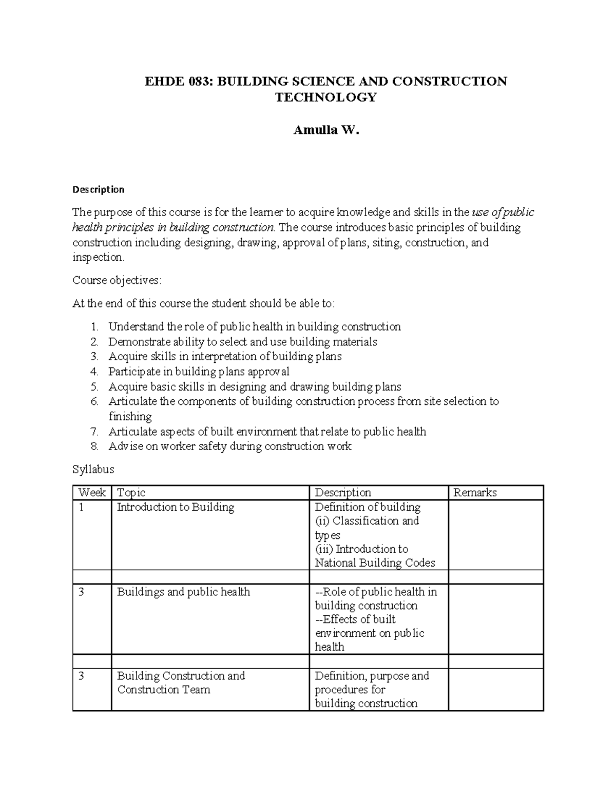 Building course outline - EHDE 083: BUILDING SCIENCE AND CONSTRUCTION ...