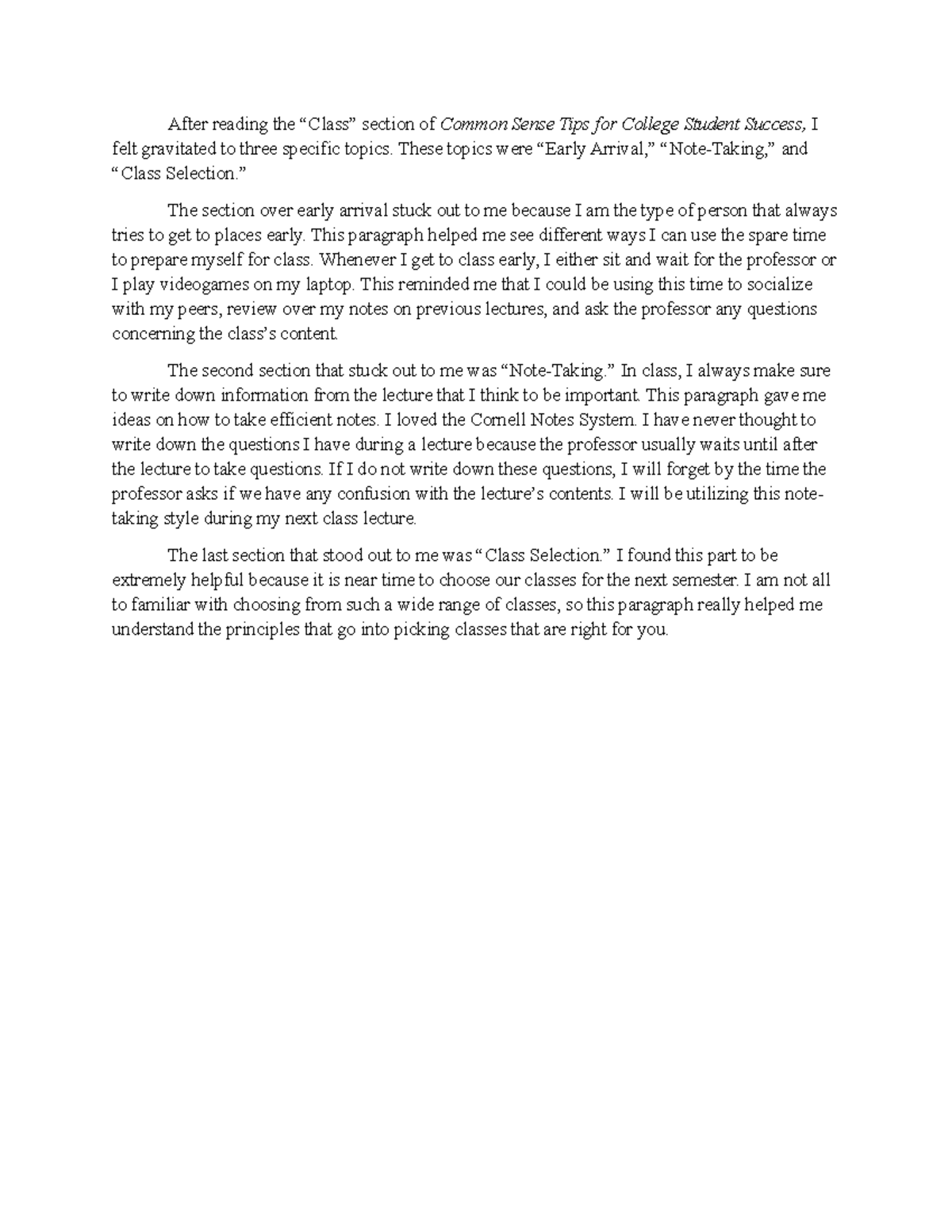 Class Reading Reflection - After reading the “Class” section of Common ...