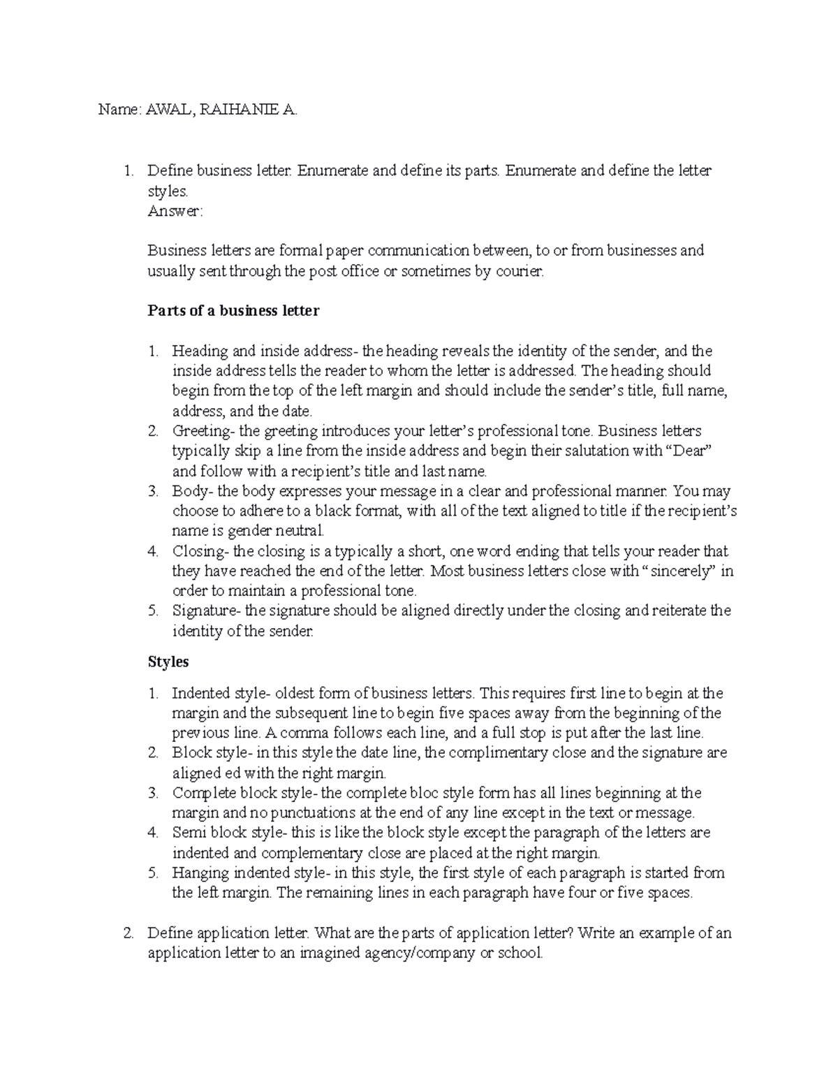 Aaaa - A RESOURCE MATERIAL - Name: AWAL, RAIHANIE A. 1. Define business ...