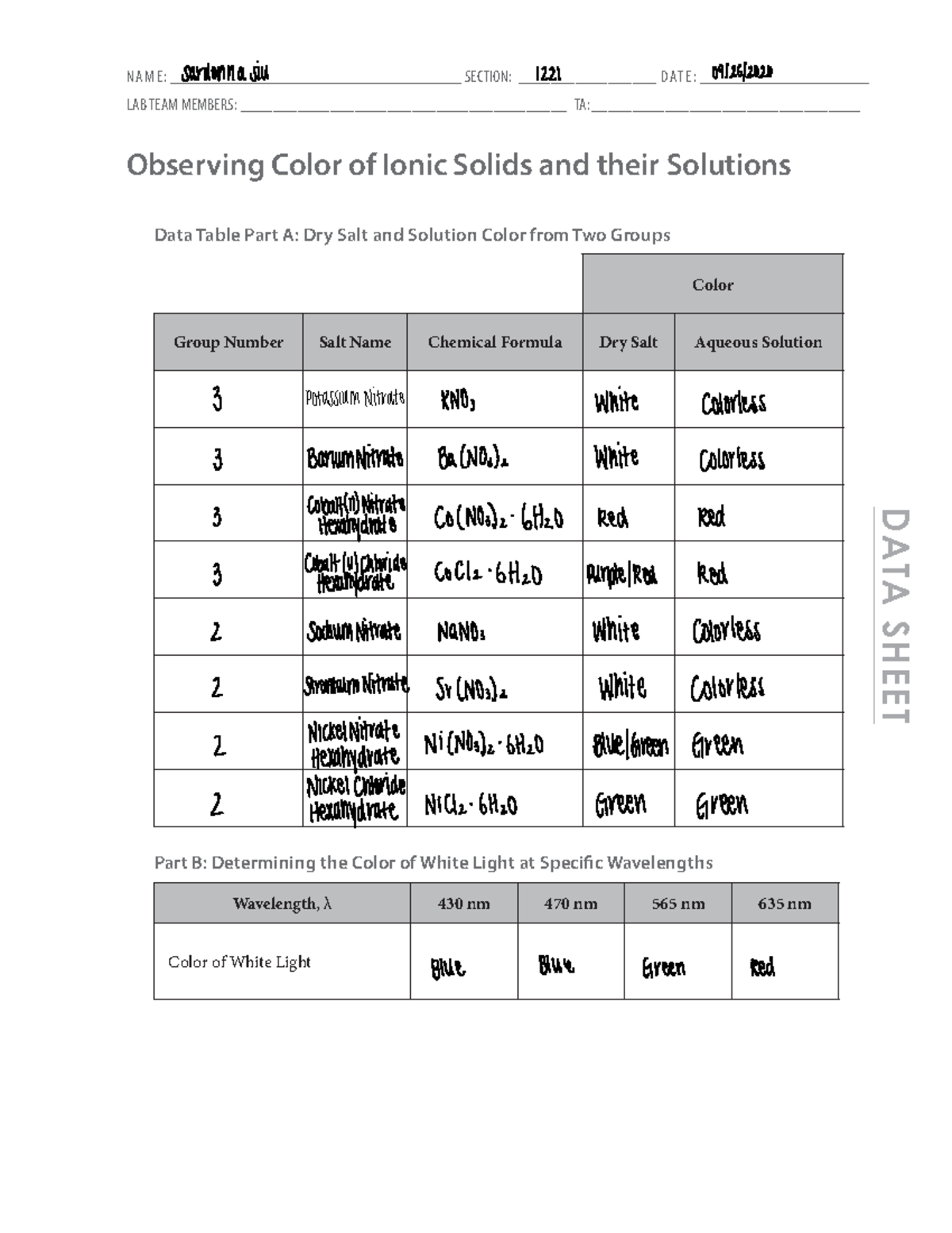 Experiment 3 GEN CHEM - NAME: SECTION: _________________ DATE: LAB TEAM ...