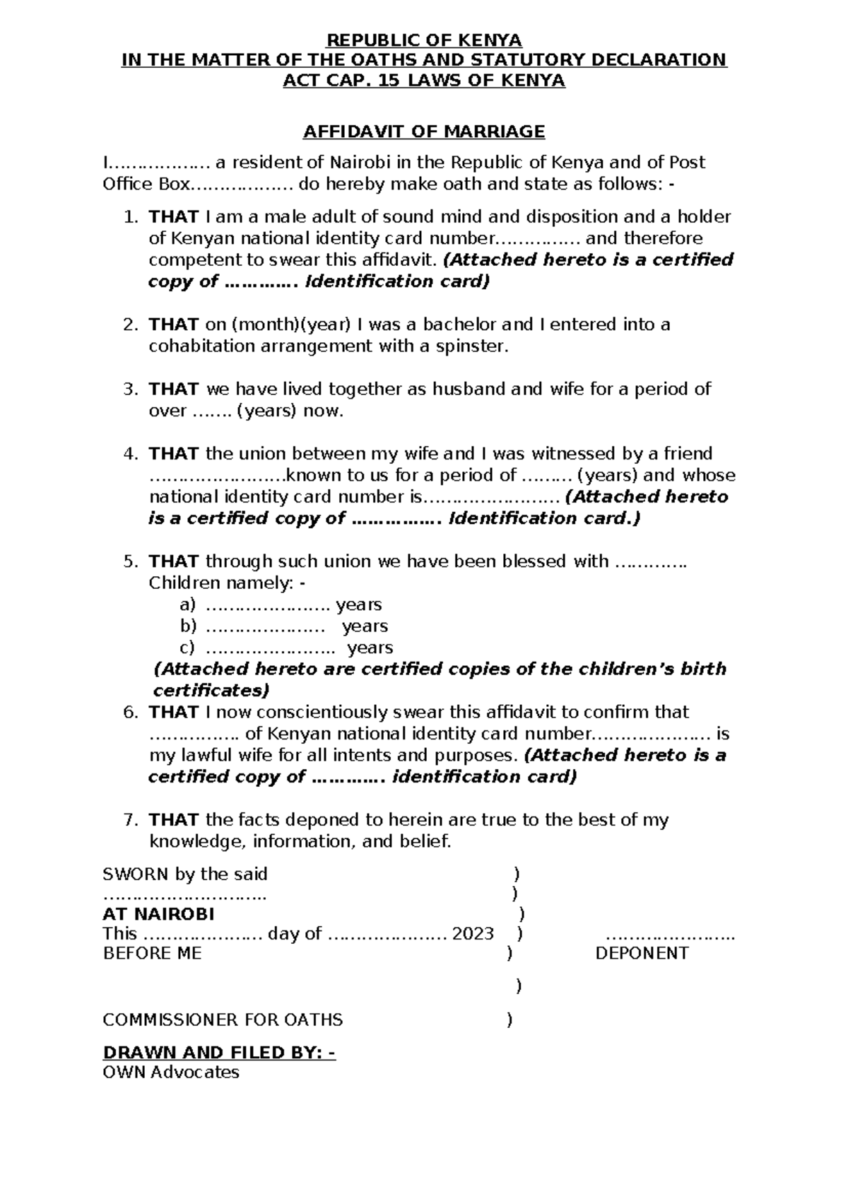 Affidavit OF Marriage - law student - REPUBLIC OF KENYA IN THE MATTER OF THE OATHS AND STATUTORY ...