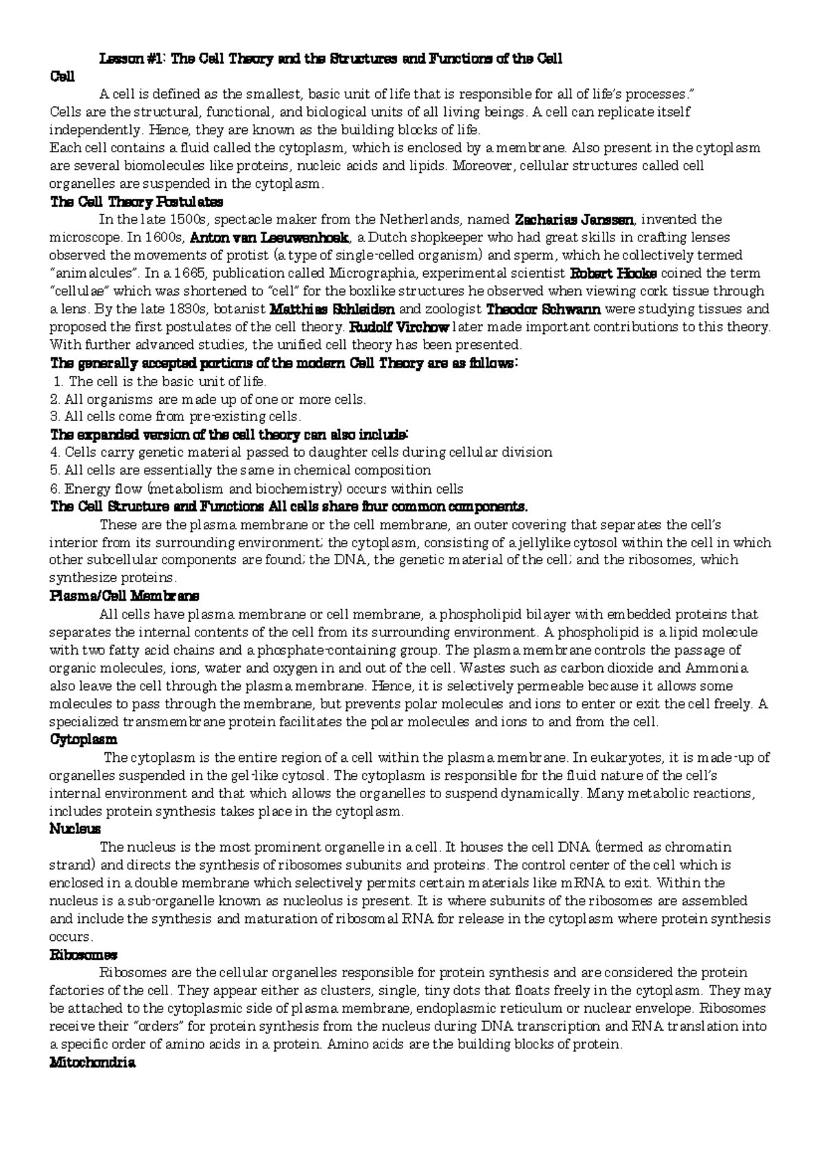 1ST- Handout- Biology - Heyyy - Lesson #1: The Cell Theory and the ...