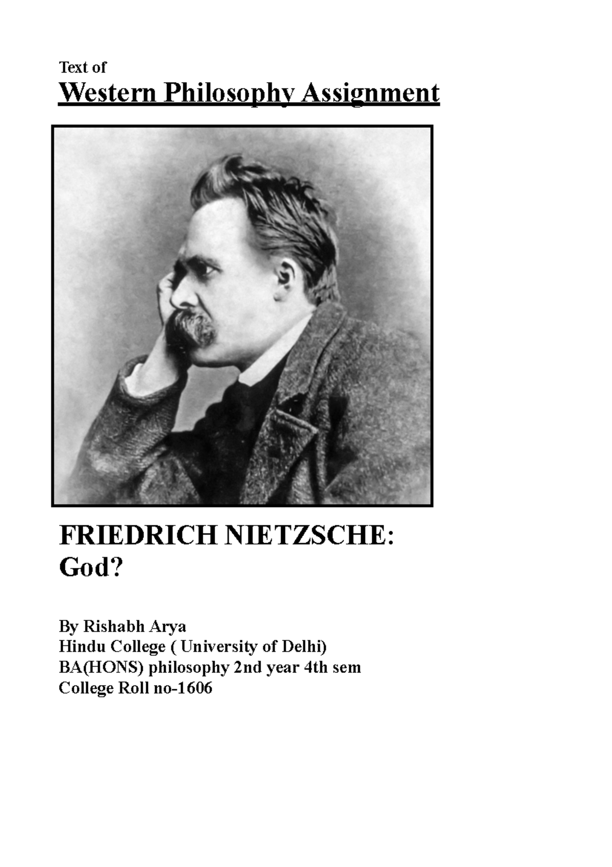 Nietz SCHE - n/a - Text of Western Philosophy Assignment FRIEDRICH ...