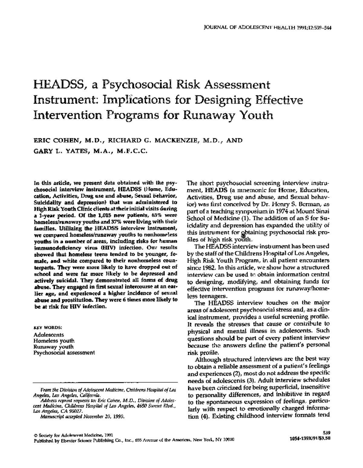 Headss a psychosocial risk assessment in - ####### JOURNAL OF ...