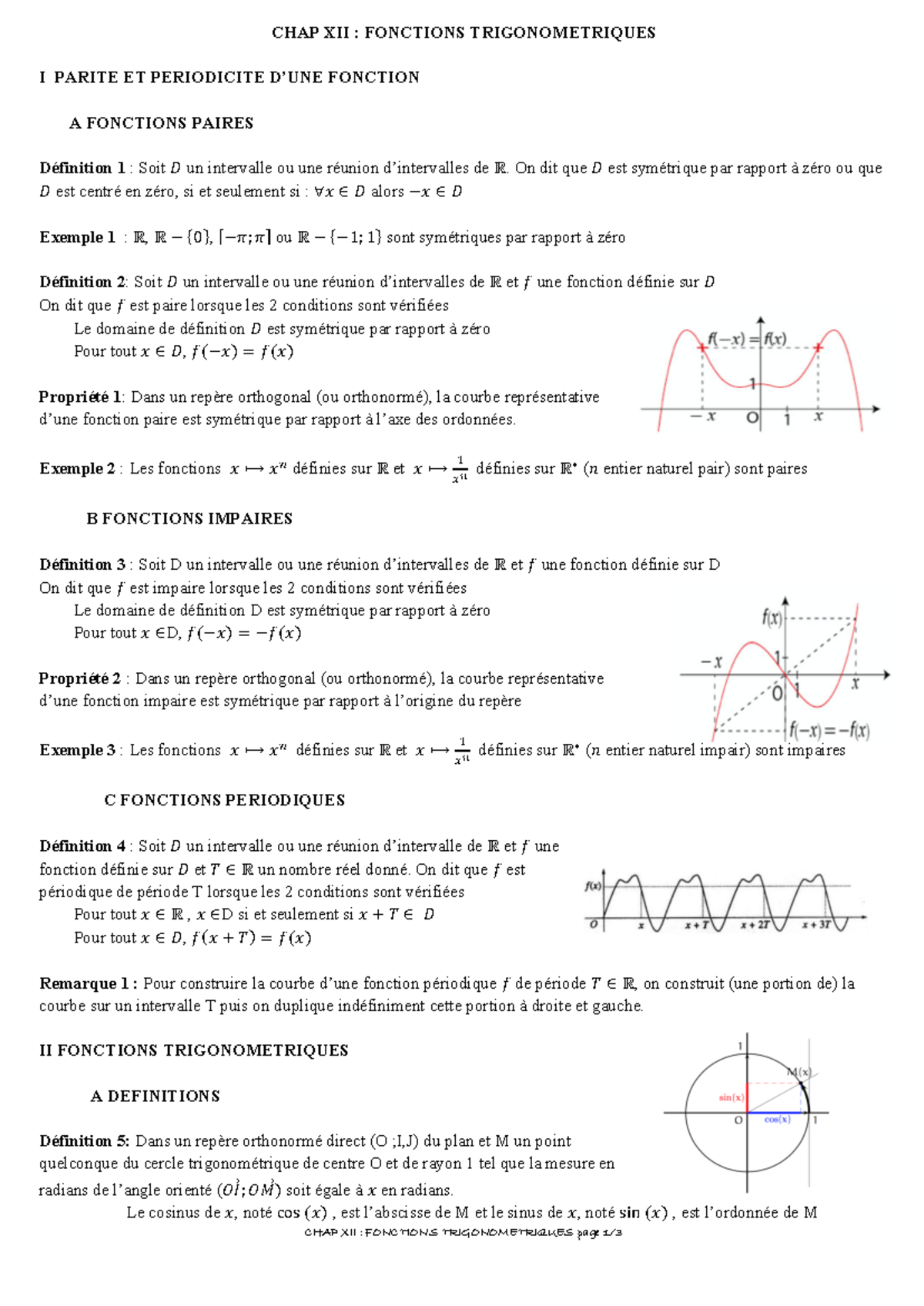 Cours Trigo 2023-24 - CHAP XII : FONCTIONS TRIGONOMETRIQUES I PARITE ET PERIODICITE D’UNE ...