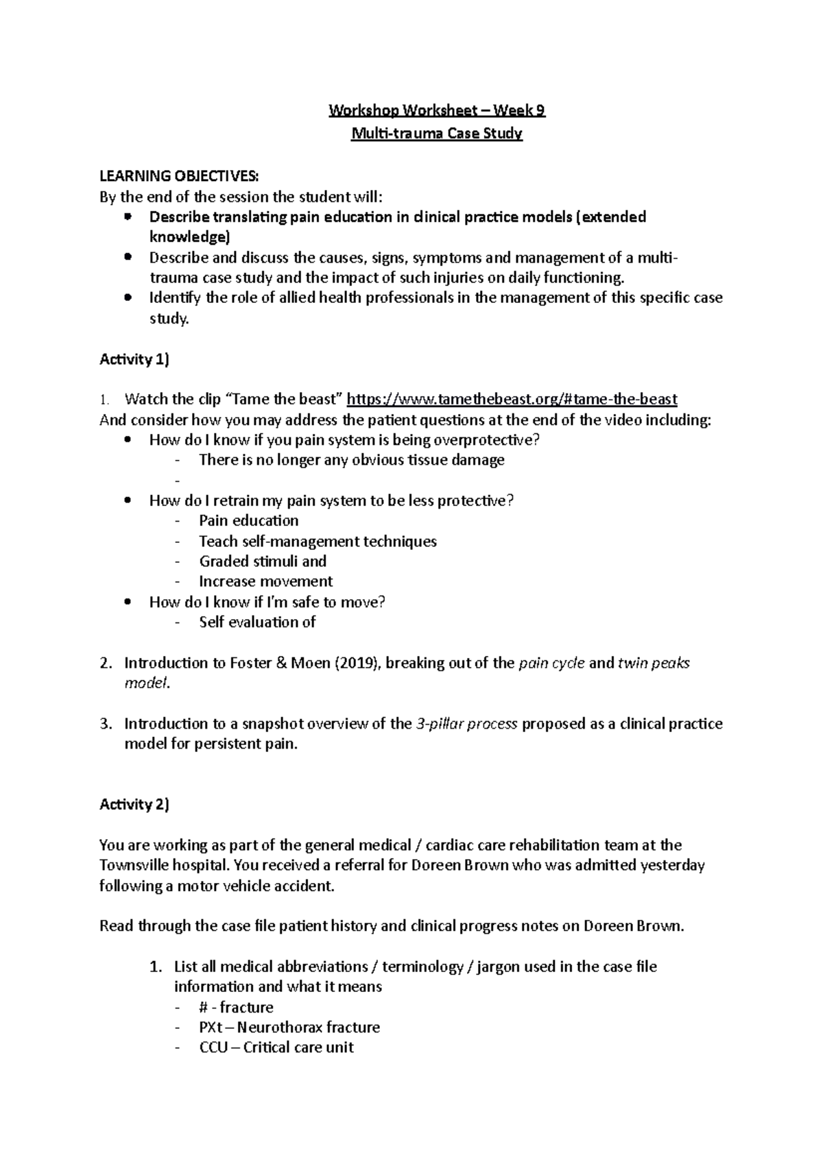 Week 9 Workshop Answers - Workshop Worksheet – Week 9 Multi-trauma Case ...