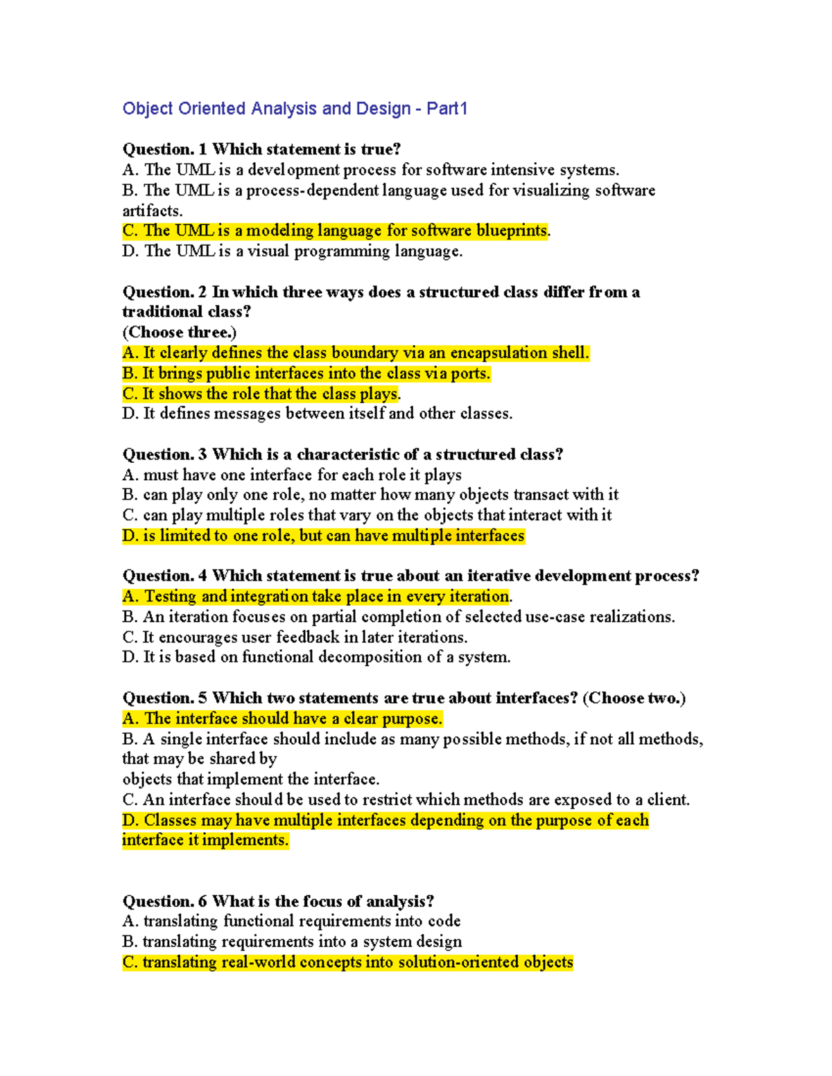 Part I - with answer - Object Oriented Analysis and Design - Part ...