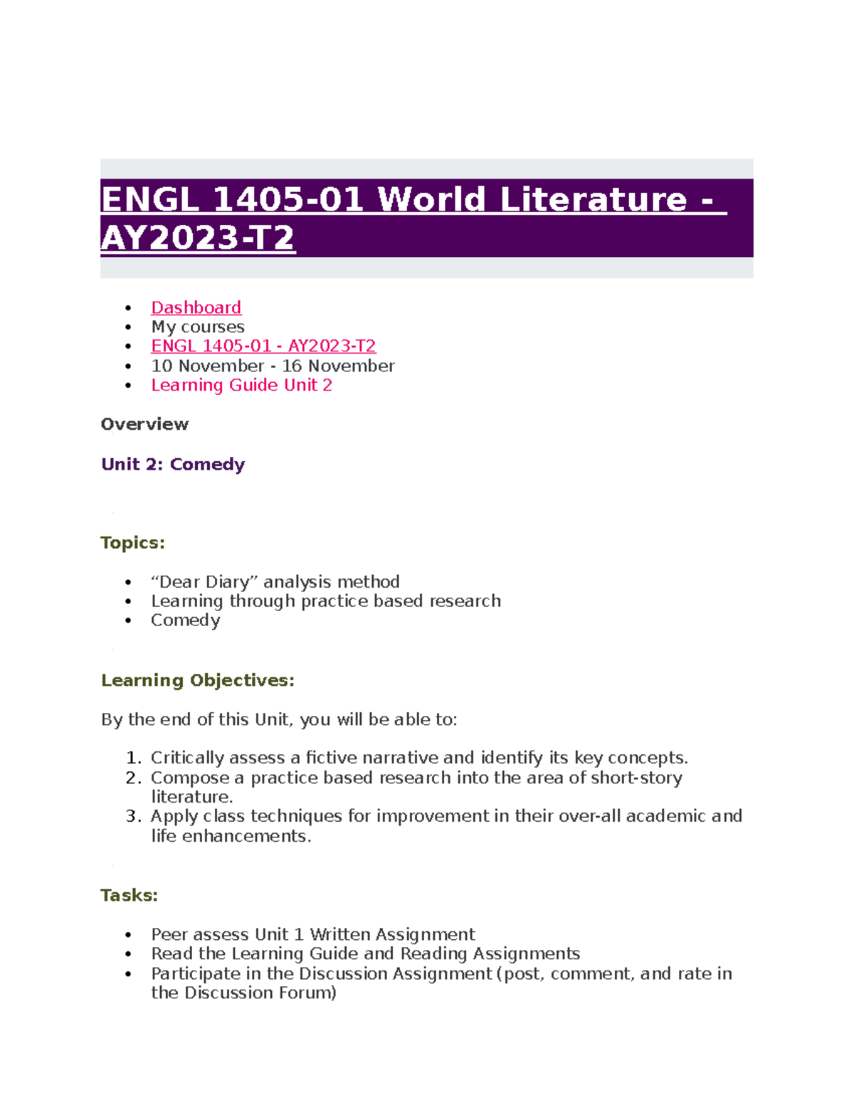 Learning Guide Unit 2- ENG 1405 - ENGL 1405-01 World Literature ...