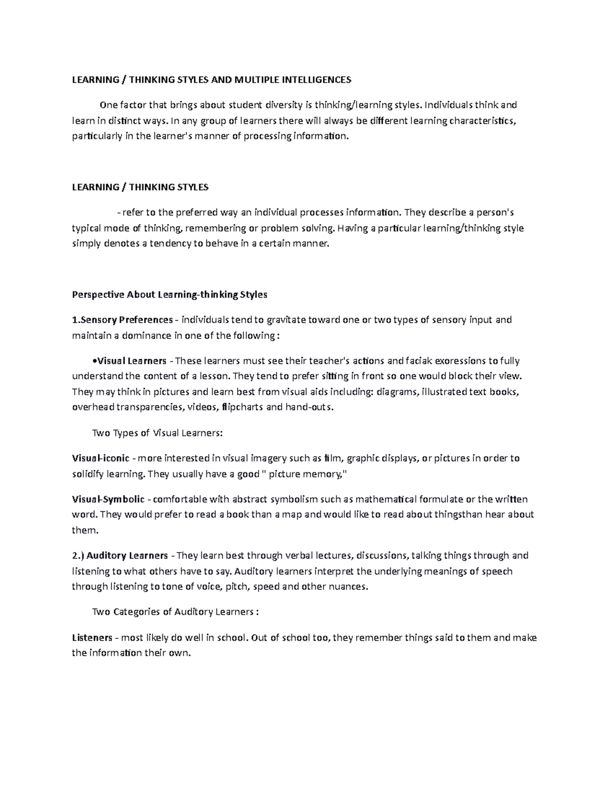 Learning THIN-WPS Office - LEARNING / THINKING STYLES AND MULTIPLE INTELLIGENCES One factor that ...