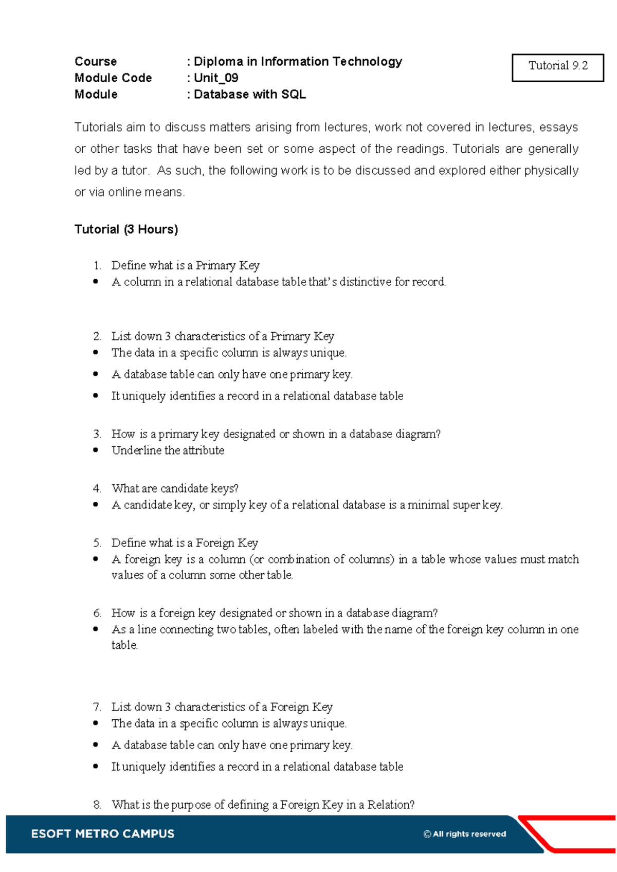 Tutorial 9.2 [3 hours] - Page 1 Course : Diploma in Information Technology Module Code : Unit ...