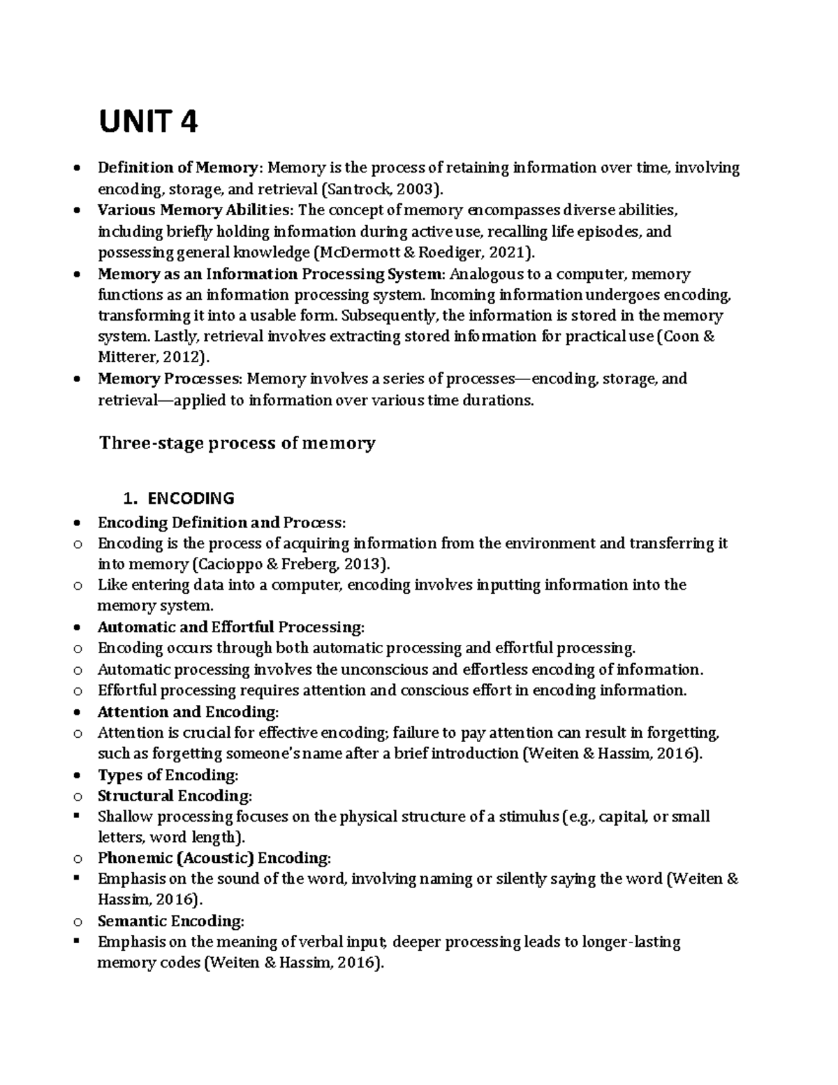 UNIT 4 - Summary basic psychology - UNIT 4 Definition of Memory: Memory ...