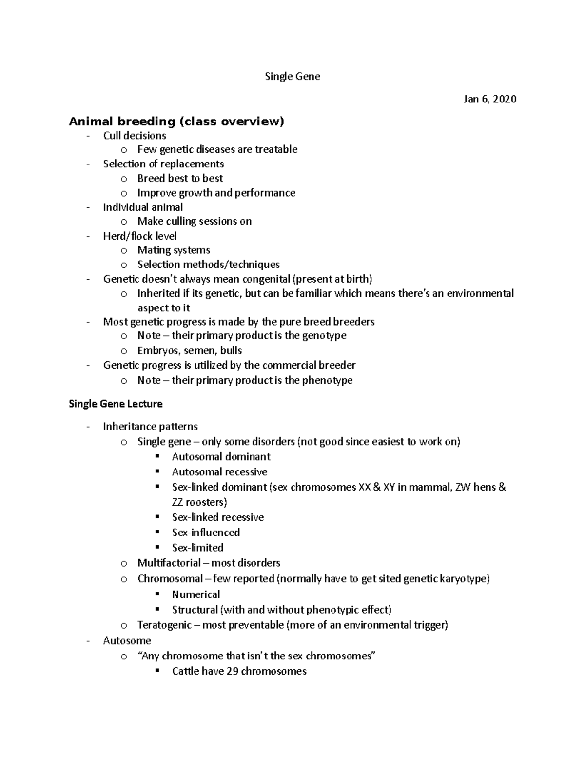 Single Gene lecture - Single Gene Jan 6, 2020 Animal breeding (class overview) - Cull decisions ...