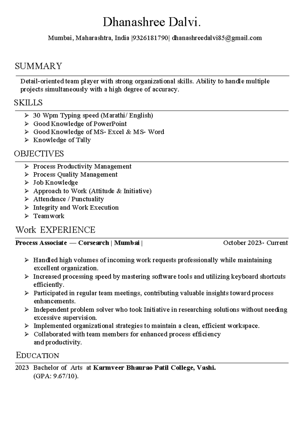 Komal Veer Resume - Dhanashree Dalvi. Mumbai, Maharashtra, India ...