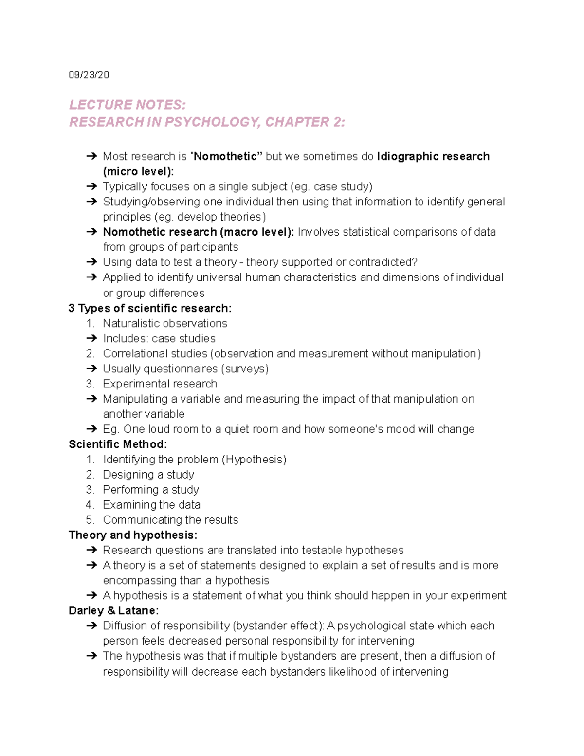 Chapter 2 Notes - 09/23/ LECTURE NOTES: RESEARCH IN PSYCHOLOGY, CHAPTER ...