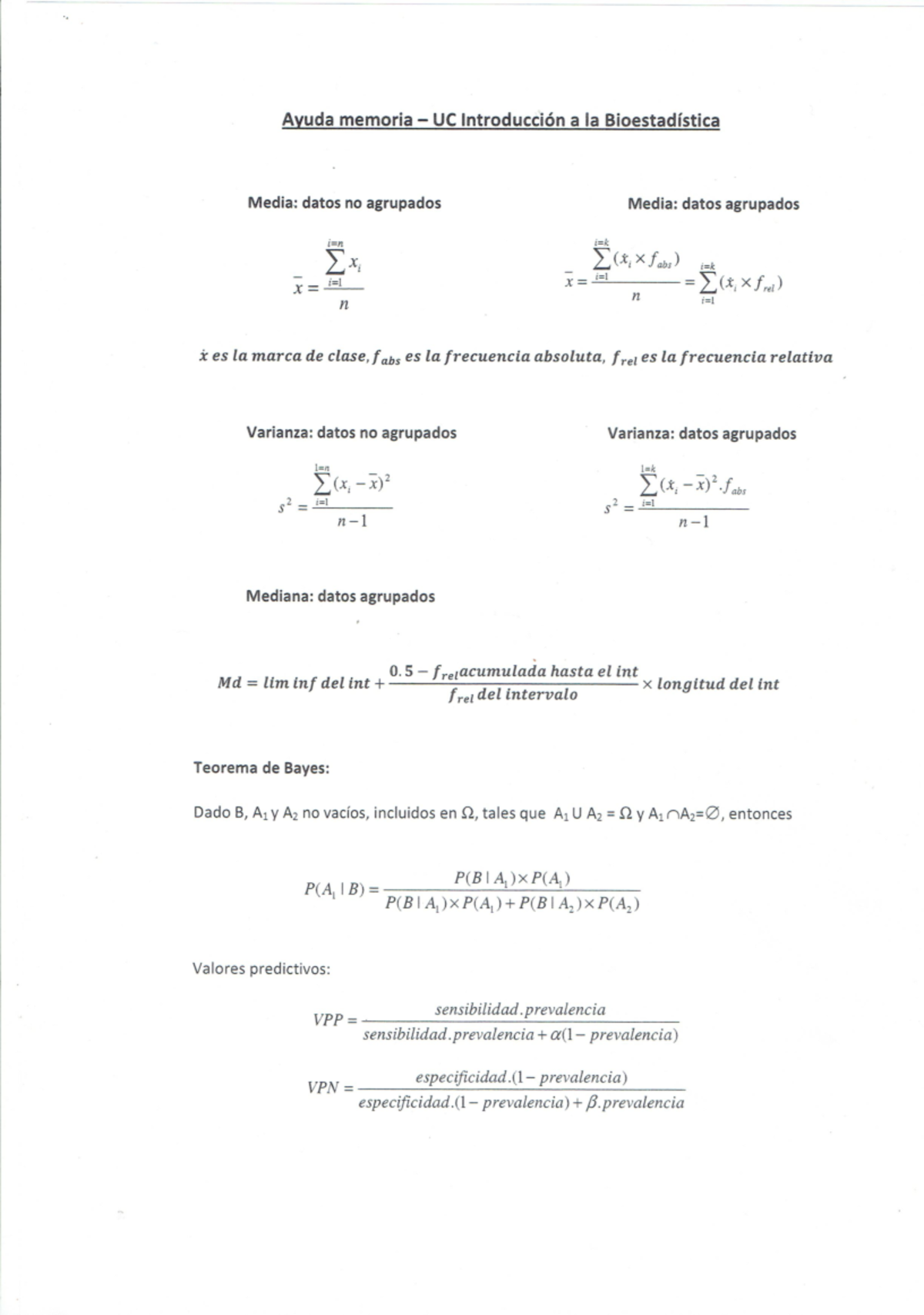Hoja de formulas - Ayuda memoria UC Introducción a la Bioestadística ...
