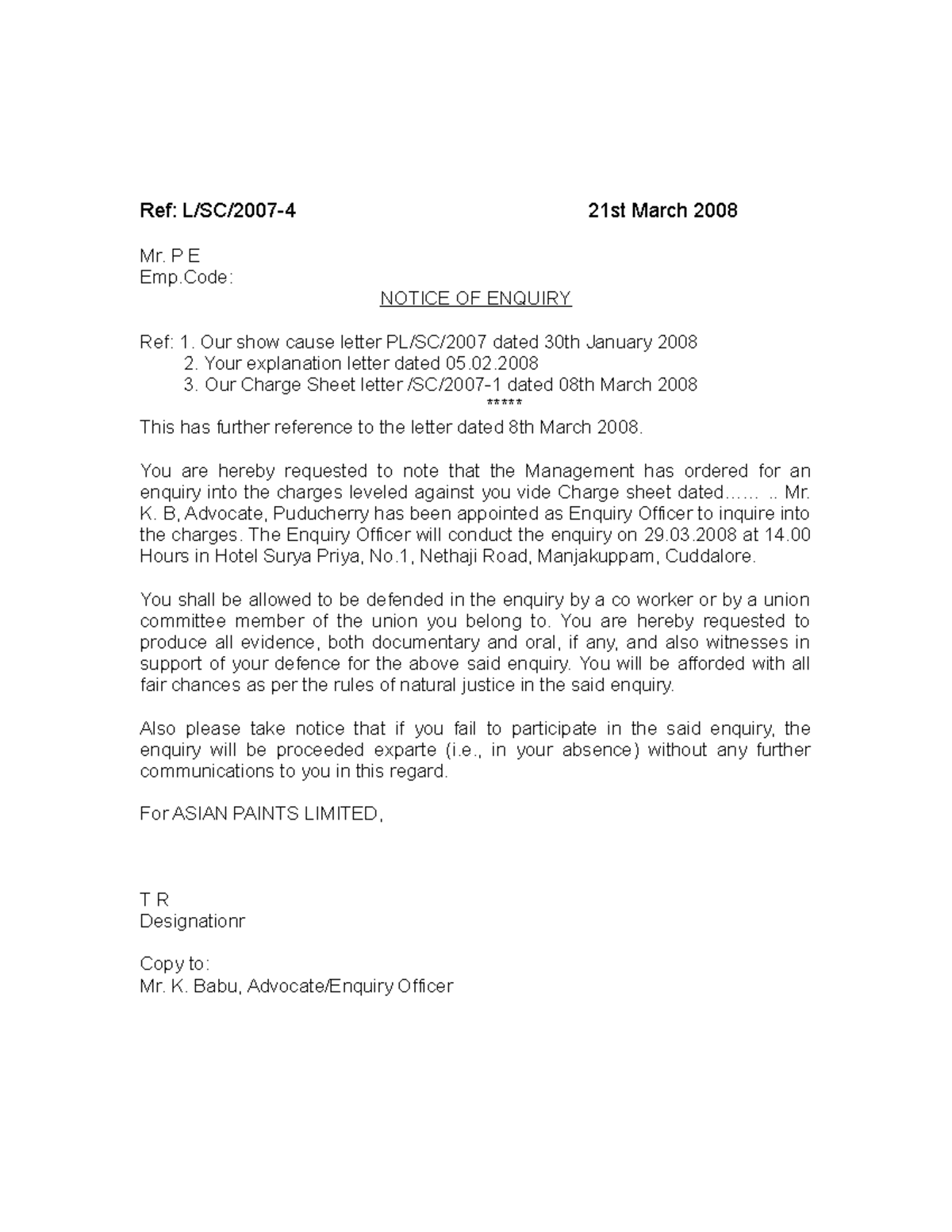 Enquiry Letter - dcsc - Ref: L/SC/2007-4 21st March 2008 Mr. P E Emp ...