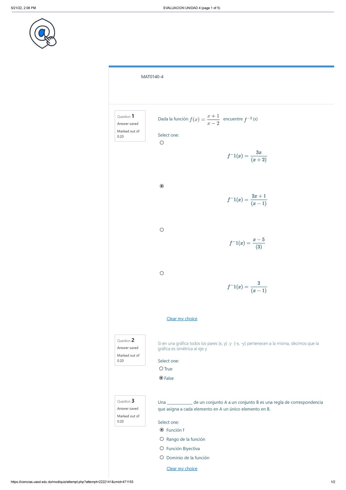 Evaluacion Unidad 4 (page 1 of 5) - 5/21/22, 2:08 PM EVALUACION UNIDAD ...