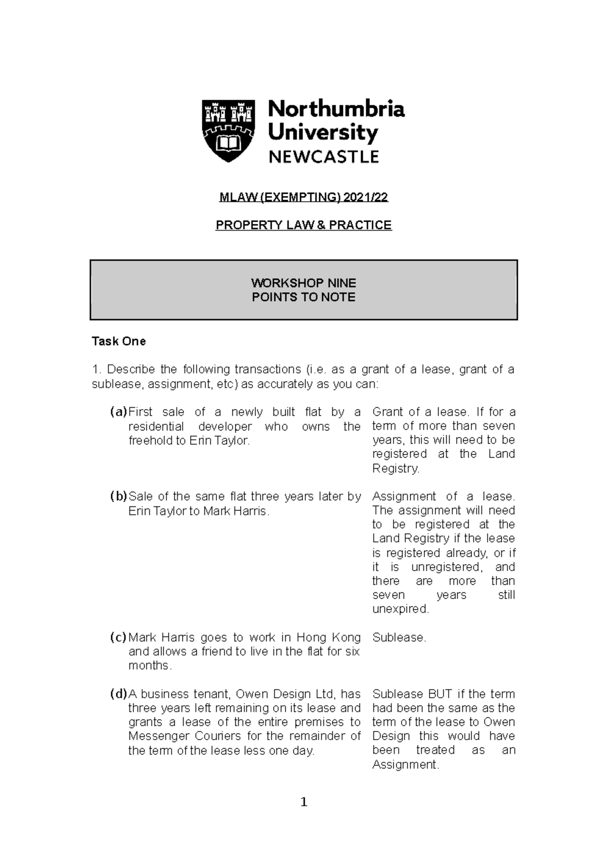 Workshop 9 Points to Note - MLAW (EXEMPTING) 2021/ PROPERTY LAW ...