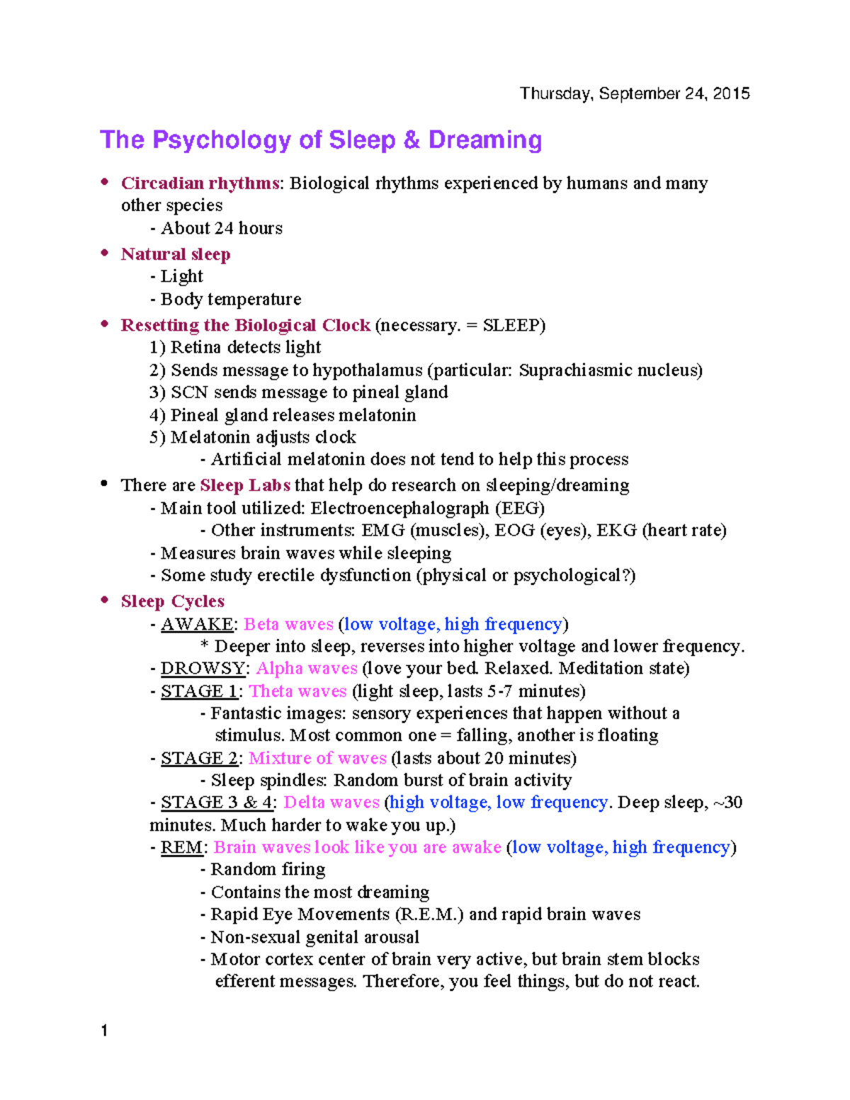 Intro psy - Summary - Thursday, September 24, 2015 1 The Psychology of ...