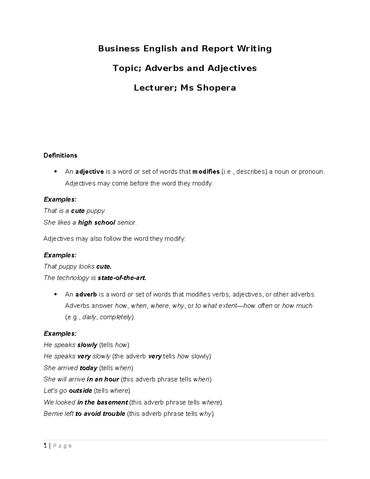 BERW Adverbs and Adjectives - Business English and Report Writing Topic ...
