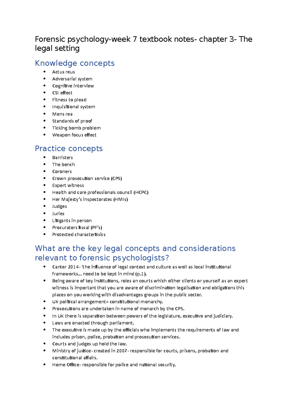 introduction to forensic psychology summary of assigned reading week 7 ...