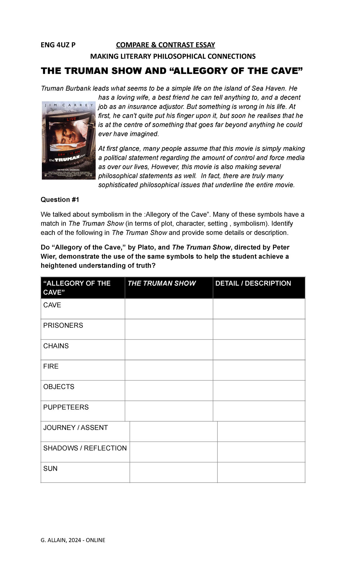 Truman and cave - ENG 4UZ P COMPARE & CONTRAST ESSAY MAKING LITERARY ...