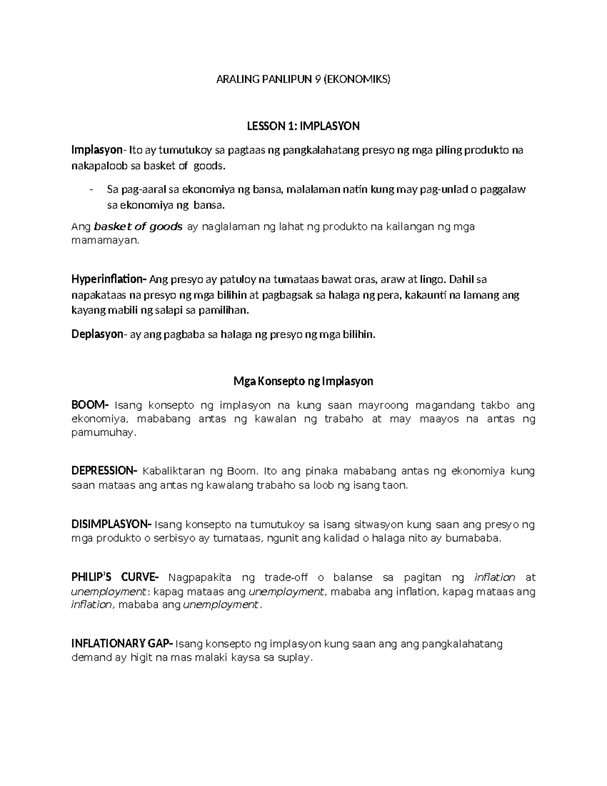 Reviewer IN Araling Panlipunan 9 - ARALING PANLIPUN 9 (EKONOMIKS ...