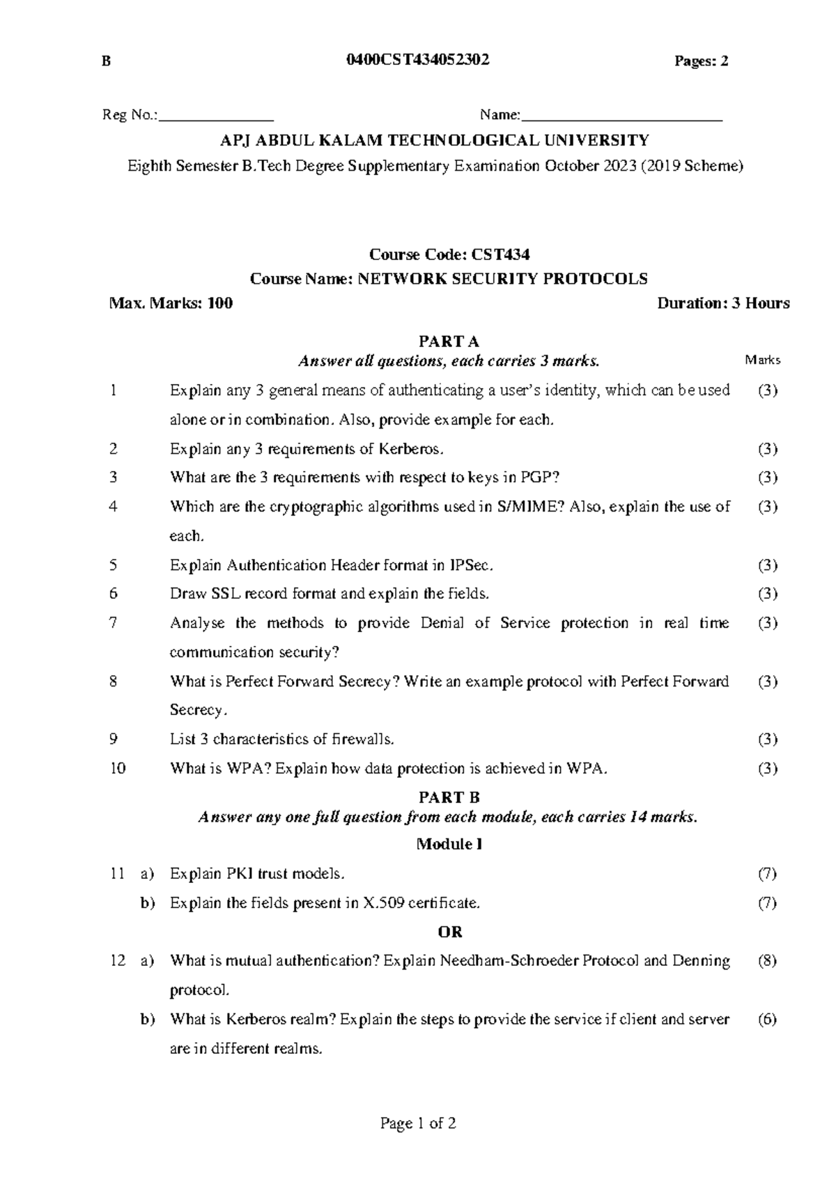 Nspqp - 0400CST Page 1 of 2 Course Code: CST Course Name: NETWORK SECURITY PROTOCOLS Max. Marks ...