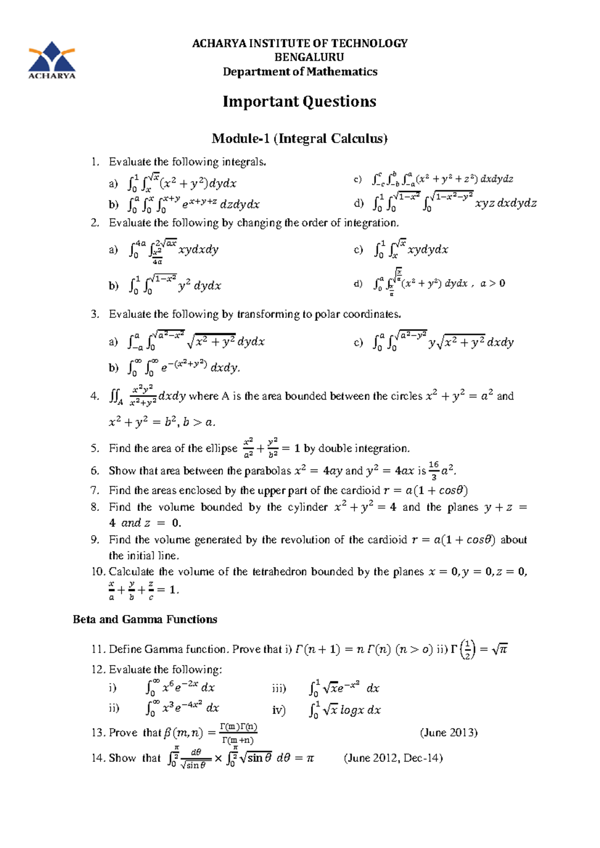 Important Question Bank for Module - 1 for Mathematics 2 for CSE stream ...