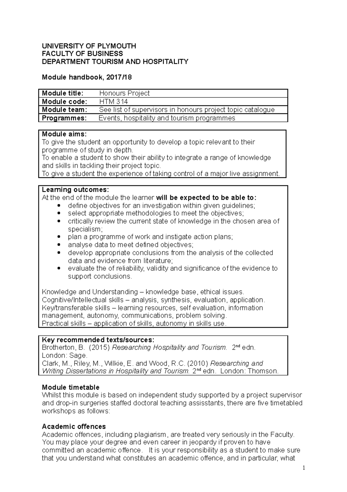 HTM314 Module Handbook 2017 - UNIVERSITY OF PLYMOUTH FACULTY OF ...