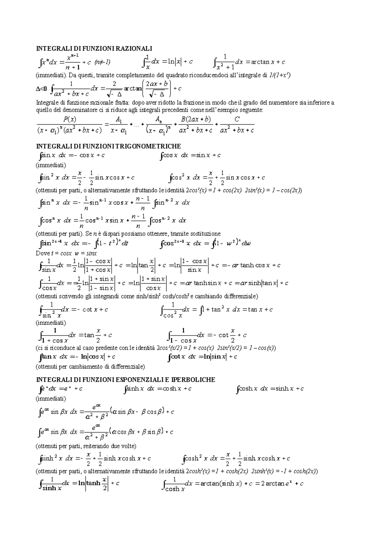 Tavole degli integrali definitive - INTEGRALI DI FUNZIONI RAZIONALI c n ...
