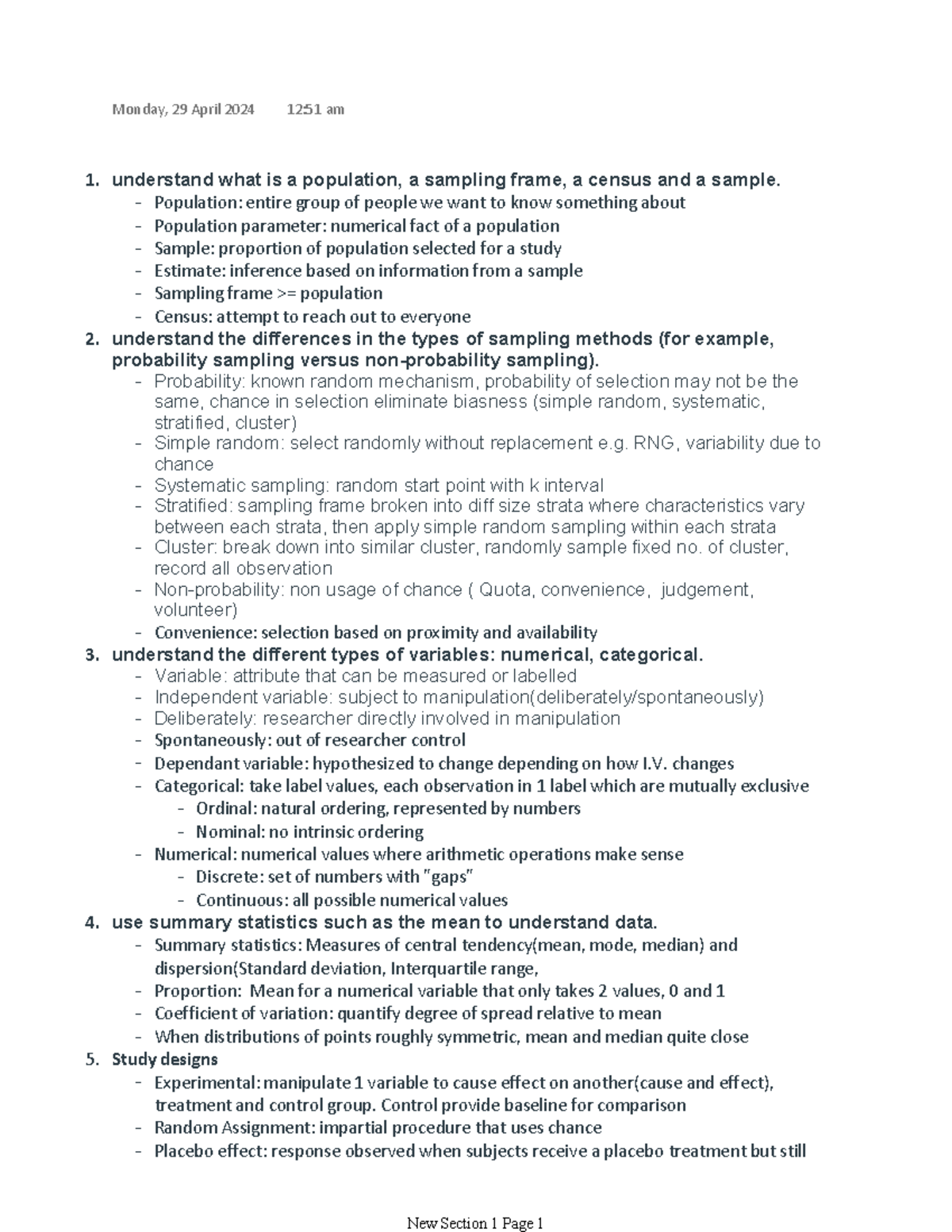 GEA1000 notes - understand what is a population, a sampling frame, a ...