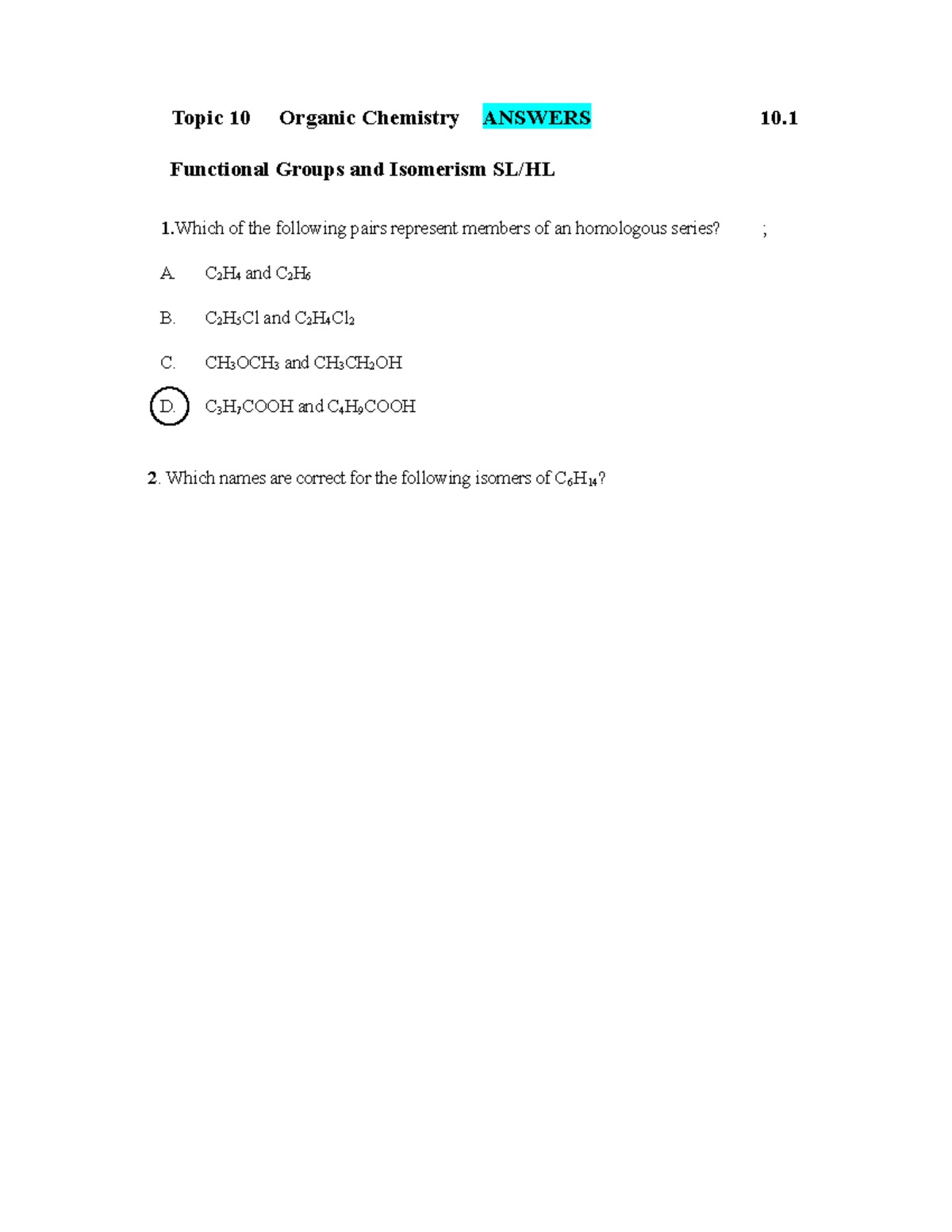 Topic 10 Questions KEY - Topic 10 Organic Chemistry ANSWERS 10 ...