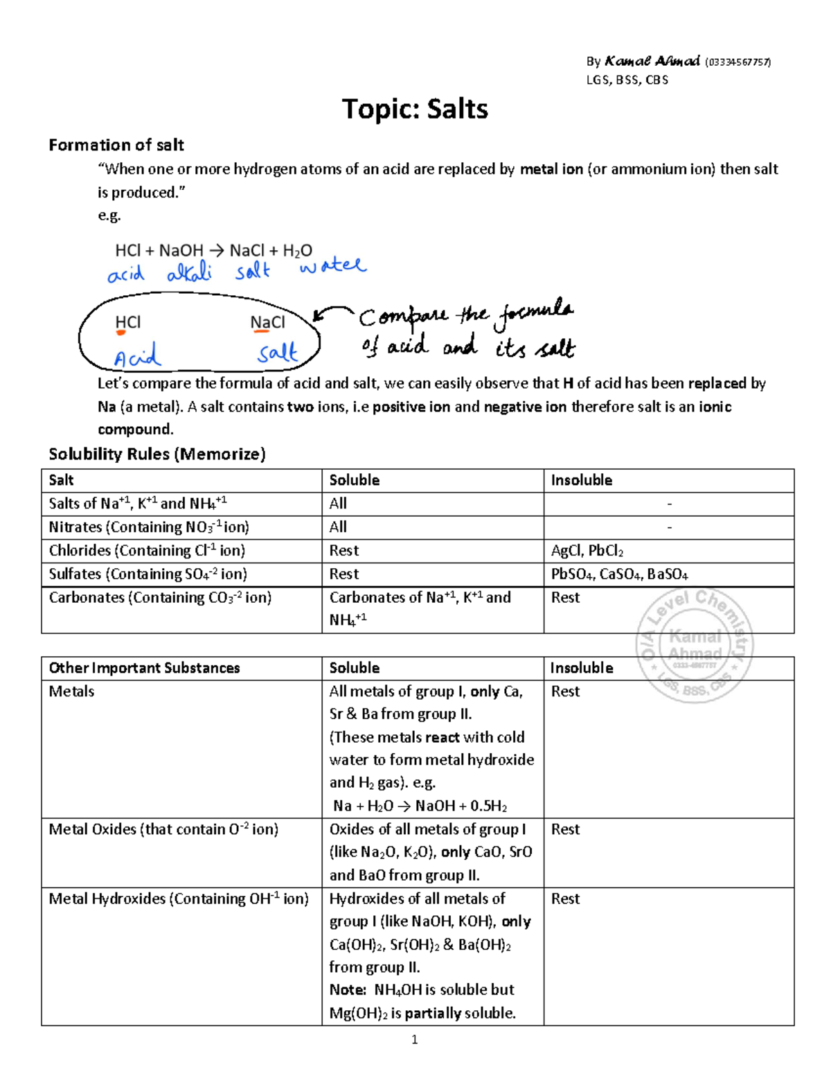 Salts & Oxides-Notes-OL - LGS, BSS, CBS Topic: Salts Formation of salt ...