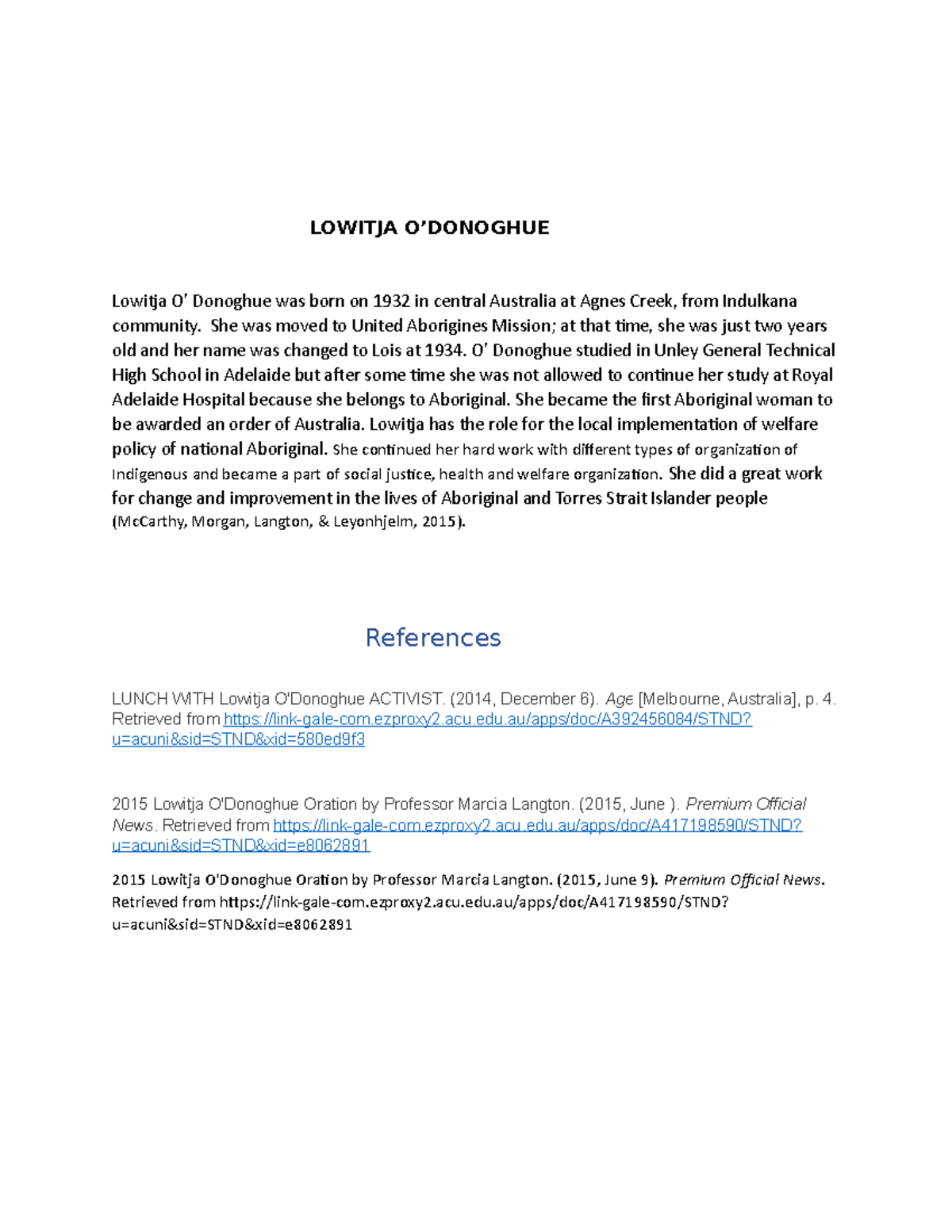 Lowitja.docx script - LOWITJA O’DONOGHUE Lowitja O’ Donoghue was born ...
