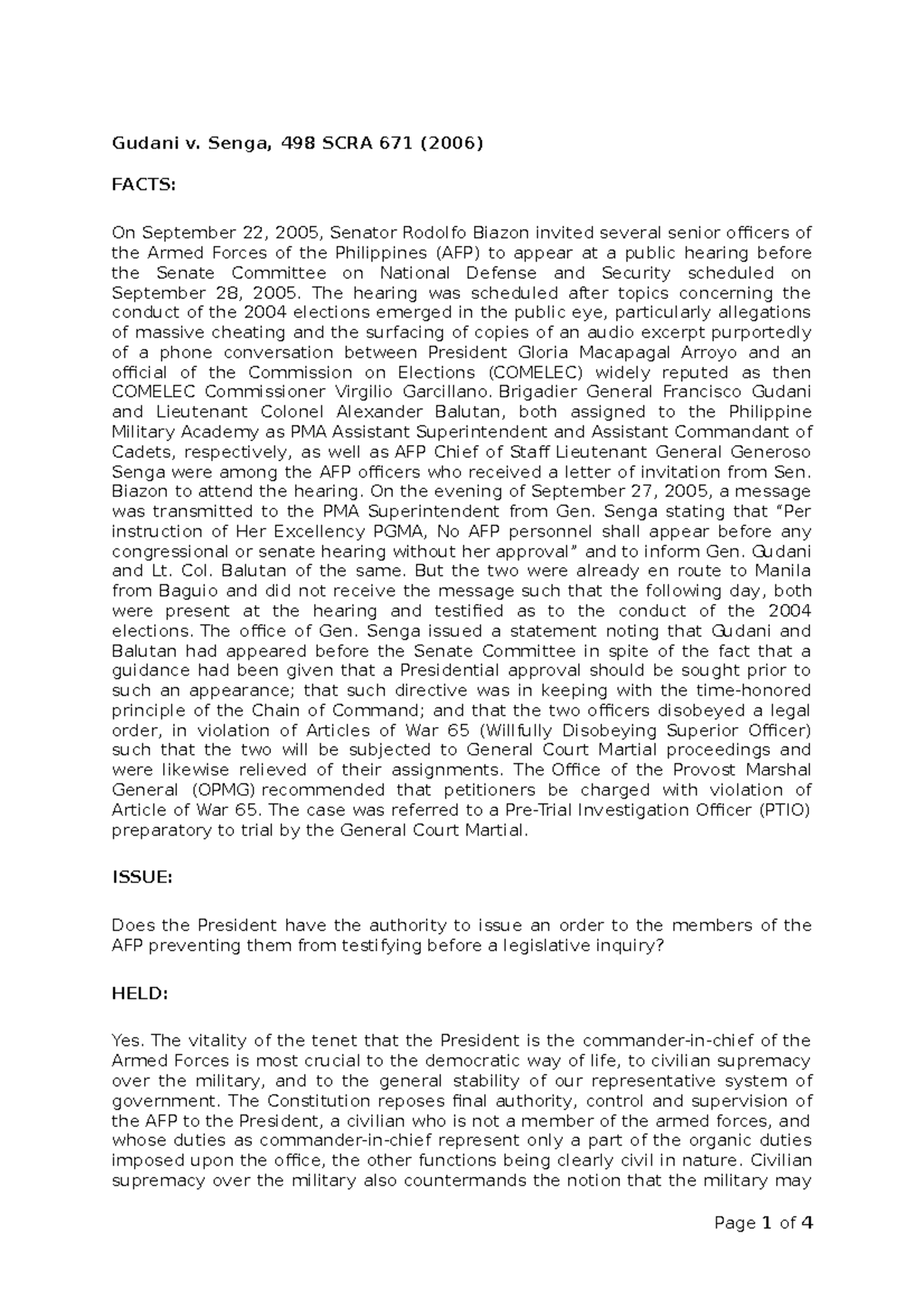 LAW 1100 Constitutional Law I JD 2. 498 SCRA 671 2006 Gudani vs. Senga ...