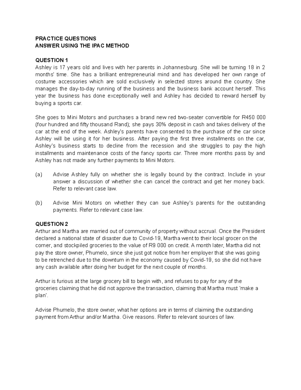 Practice+ Questions Contractual+ Capacity (1) - PRACTICE QUESTIONS ...