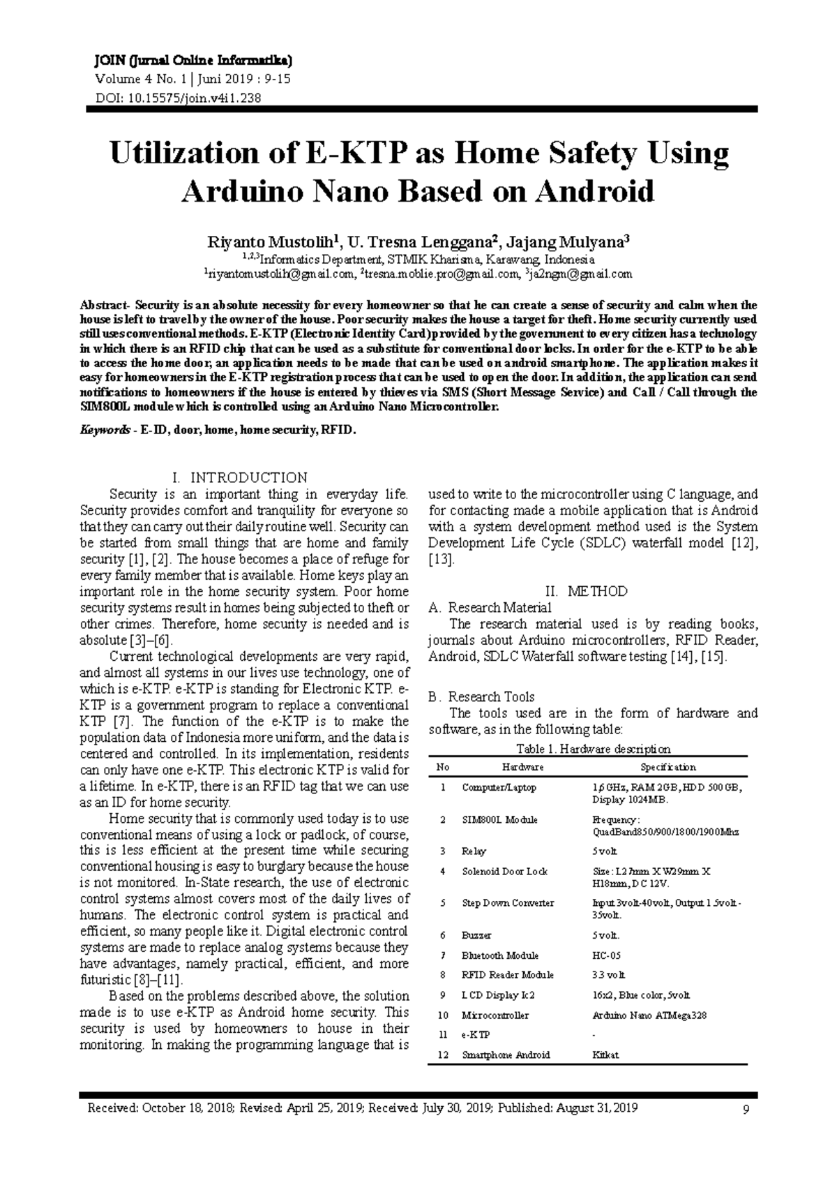 Utilizationof E Ktp As Home Safety Using Arduino Nano Based On Android Join Jurnal Online
