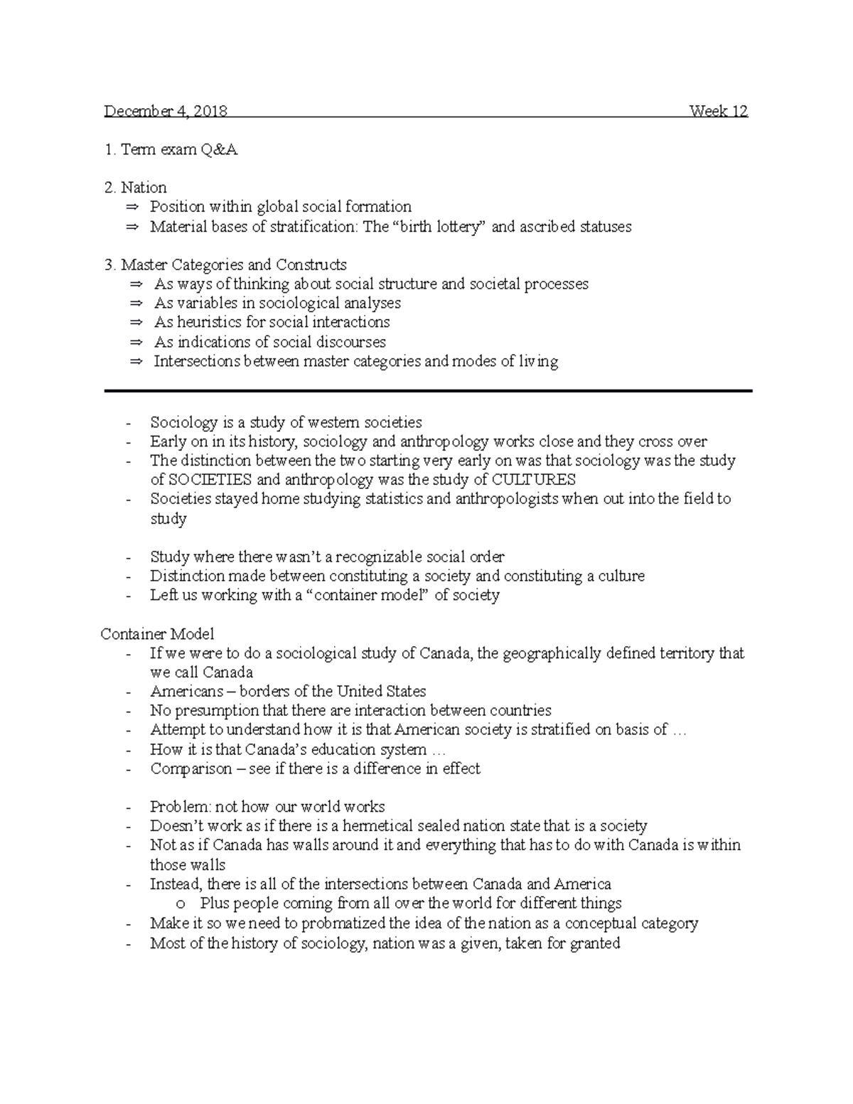 Week 12 - soc - sociology 1020 weekly lectures - December 4, 2018 Week ...
