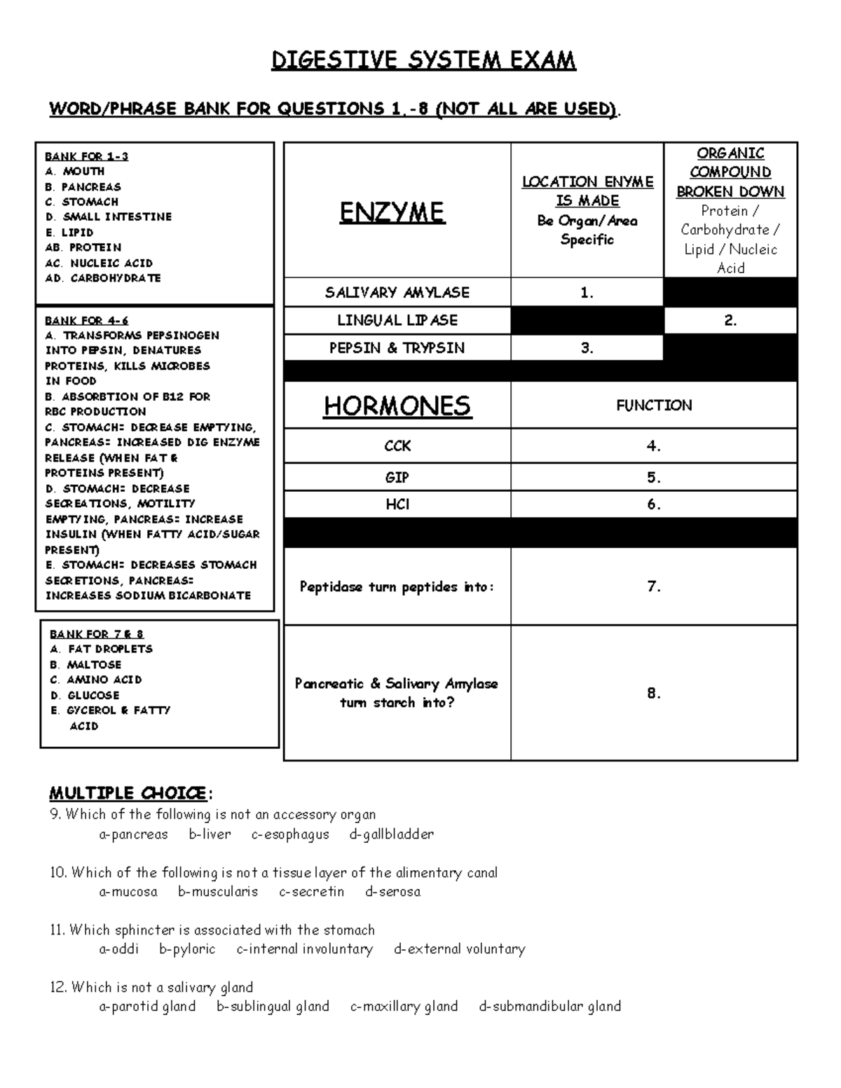 Digestive system exam (1) - DIGESTIVE SYSTEM EXAM WORD/PHRASE BANK FOR ...